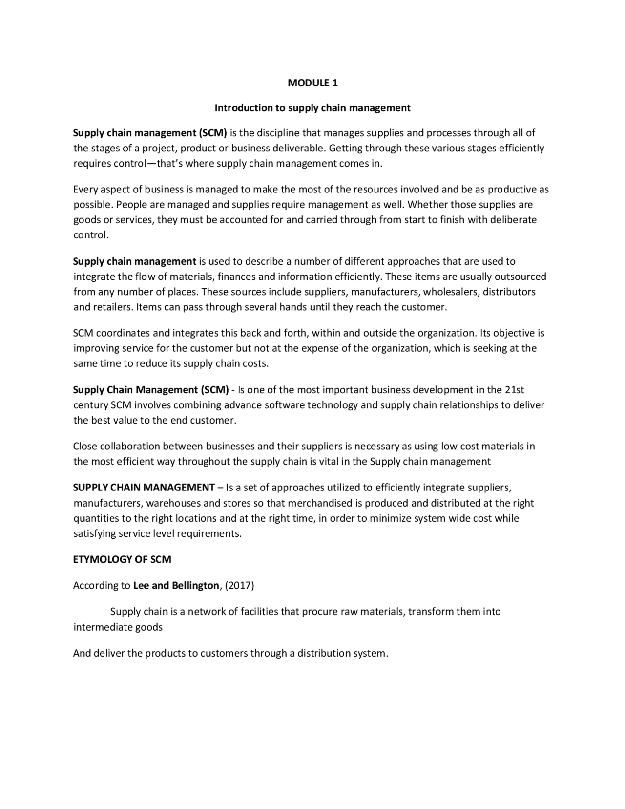 Introduction To Supply Chain Management Docsity