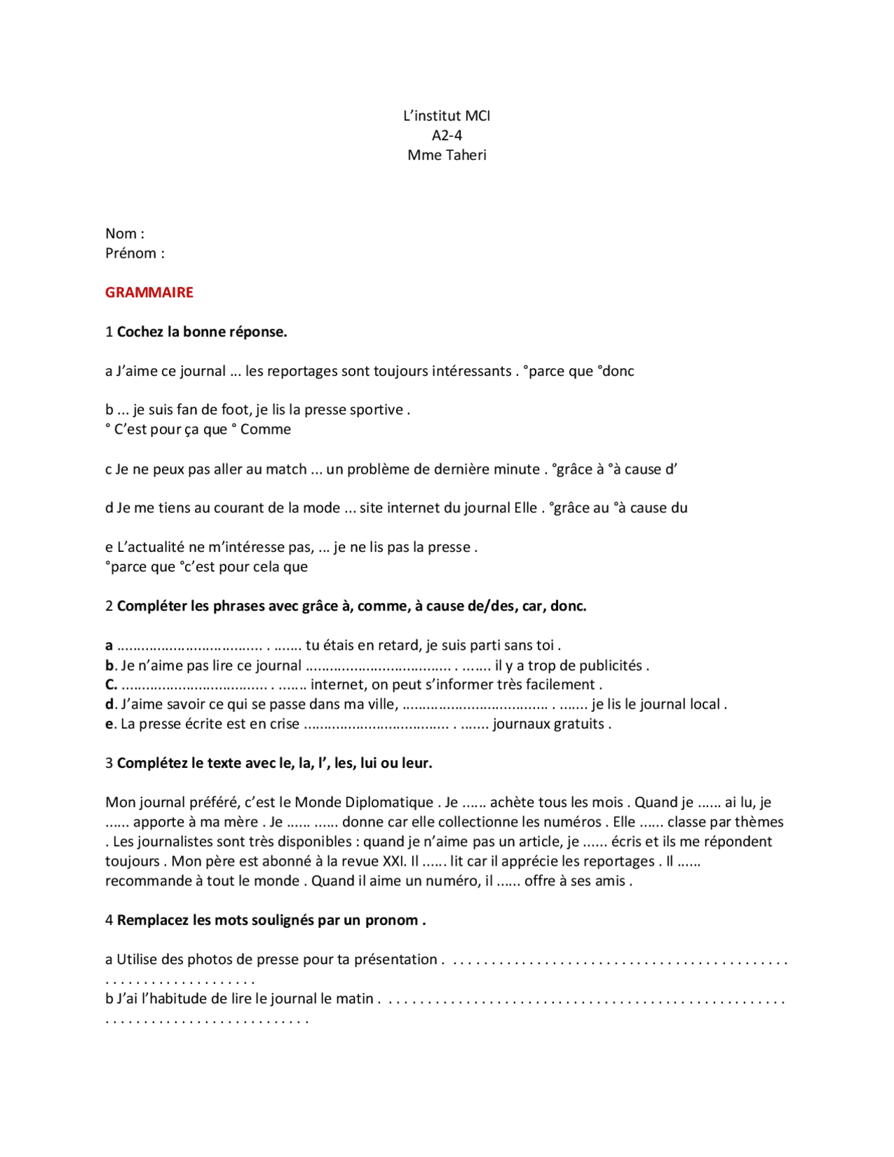French grammar and vocabulary Exercice A1 - Docsity