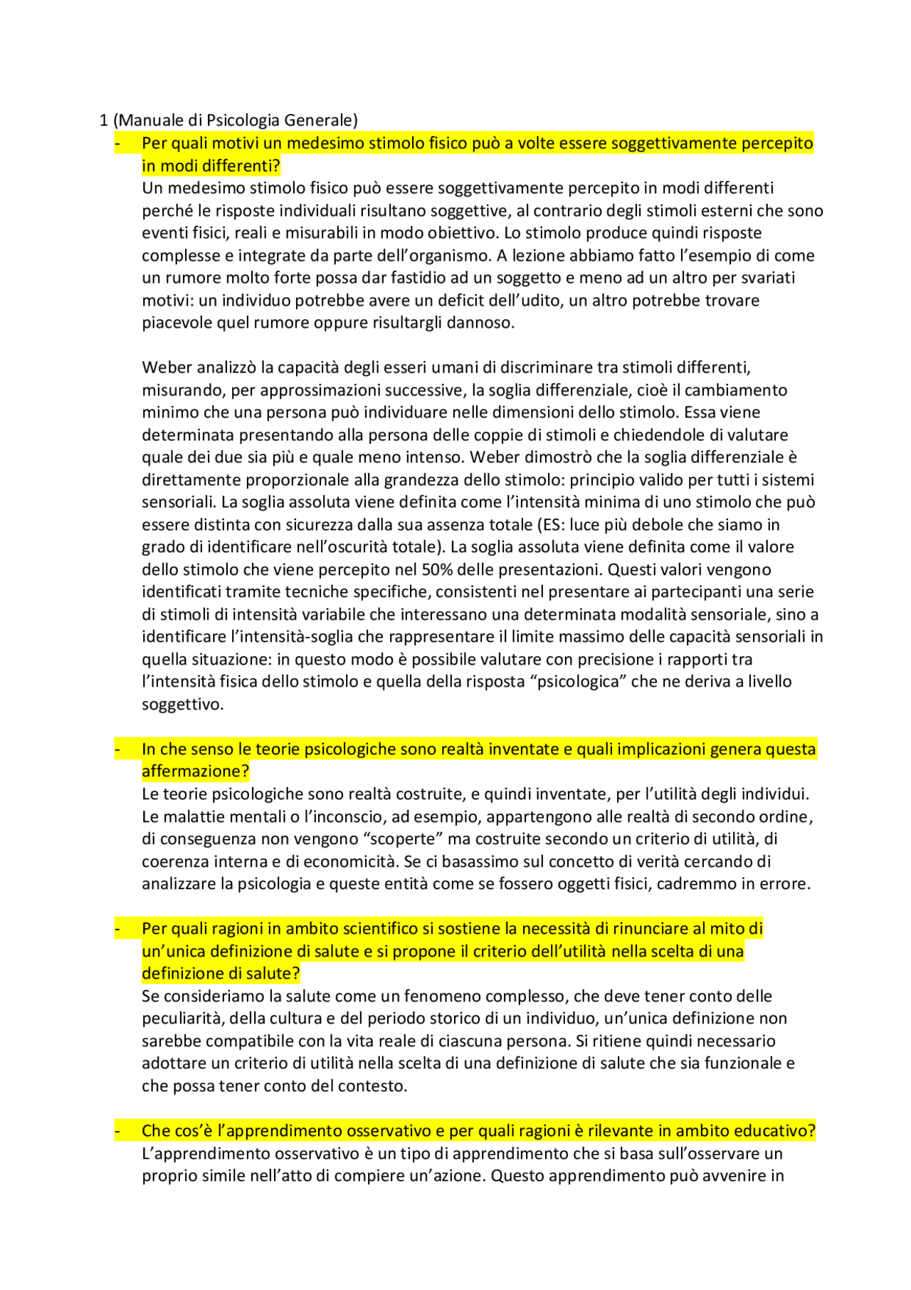Psicologia Generale Domande E Risposte Docsity