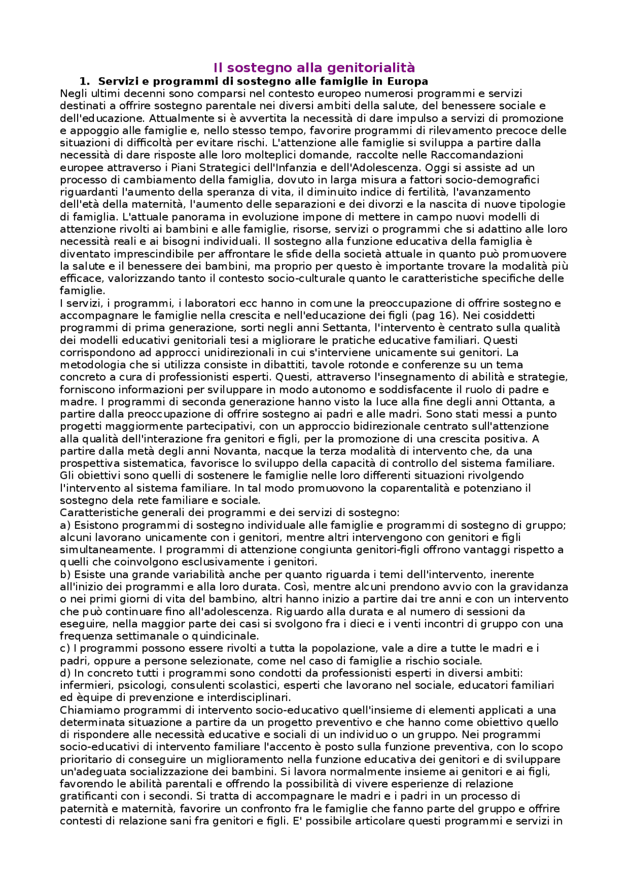 Il Sostegno Alla Genitorialità Sintesi Docsity