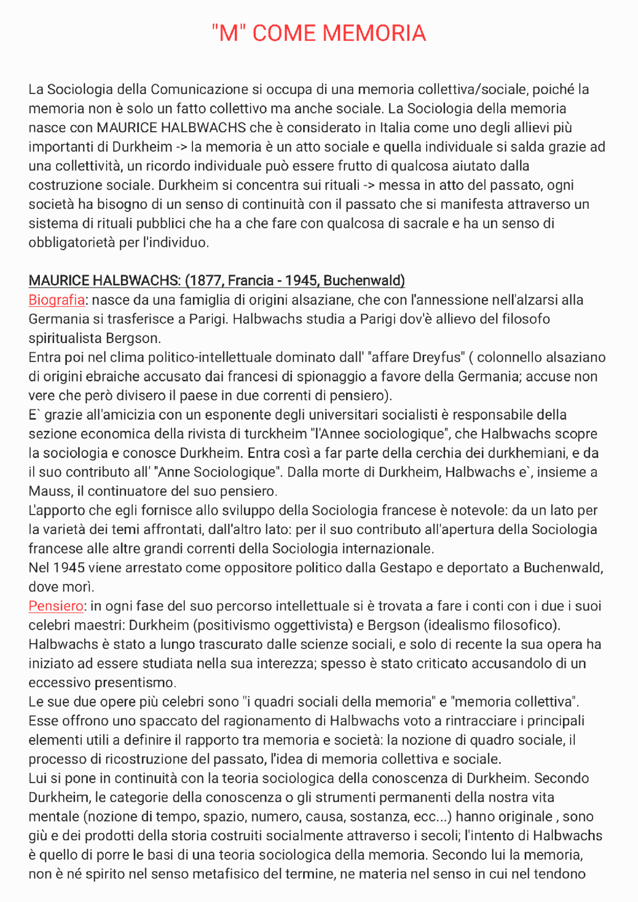 Riassunto M Come Memoria Docsity