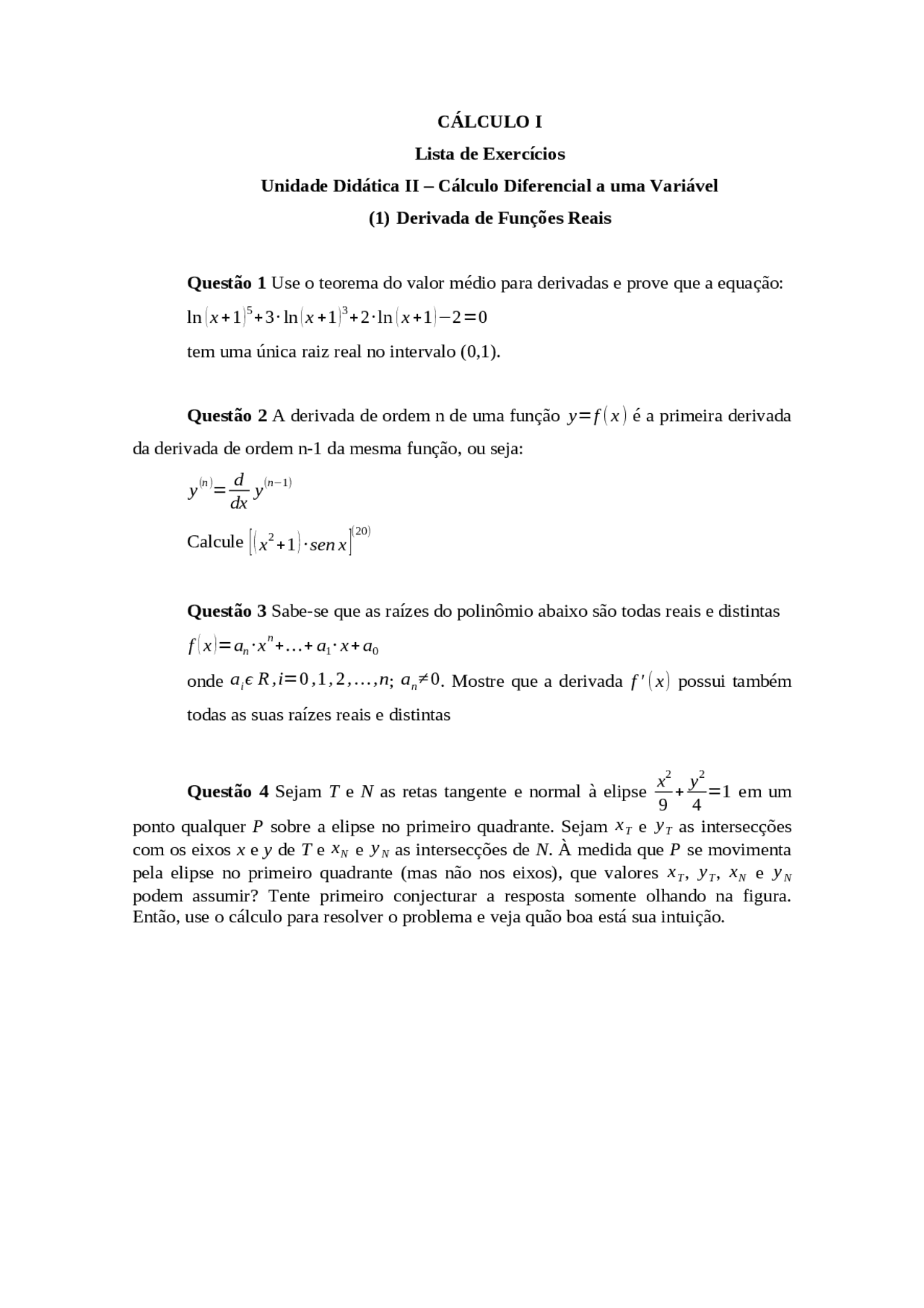 Lista Cálculo I Revisão Para A Prova Docsity