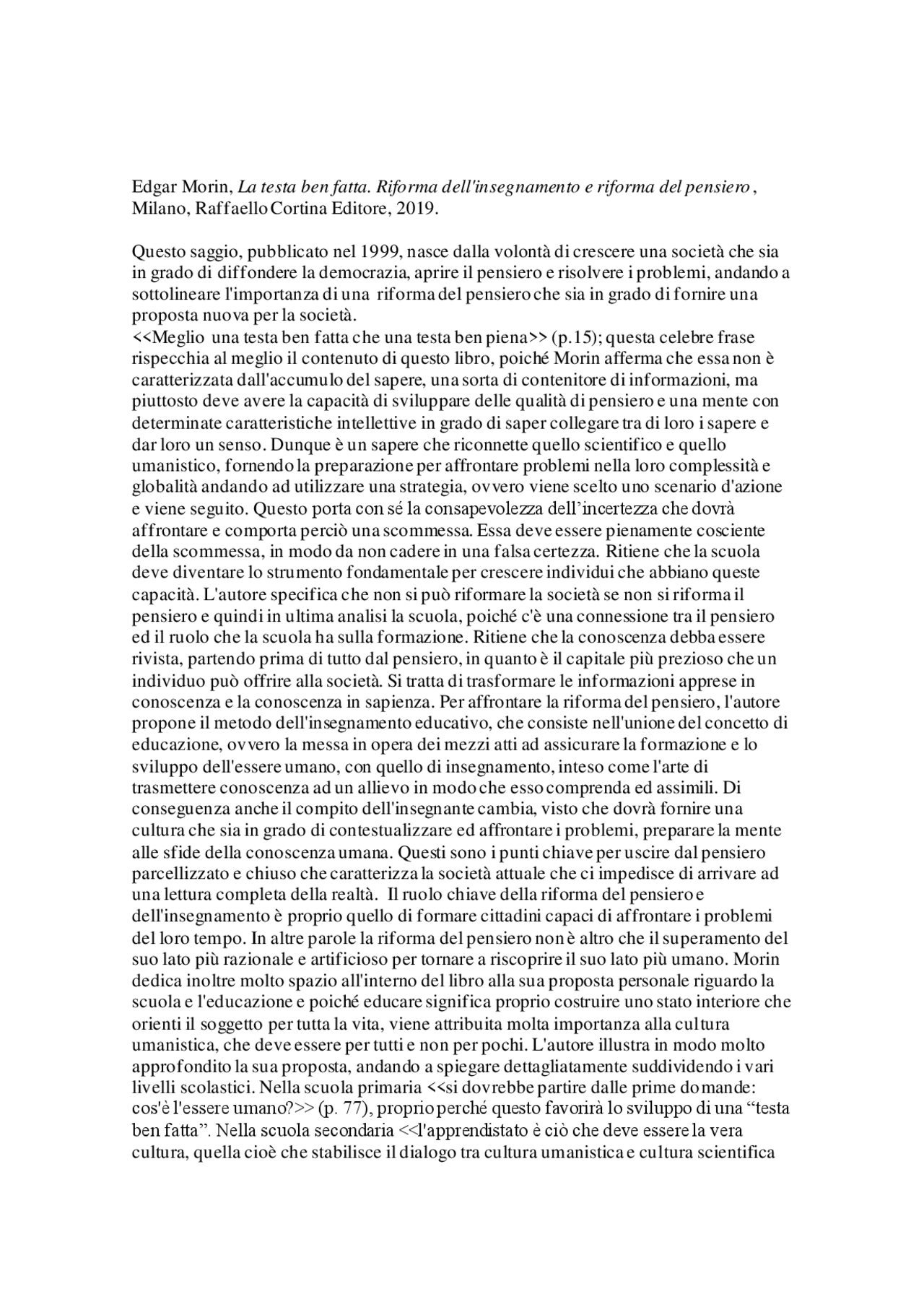 Recensione La Testa Ben Fatta Morin Docsity
