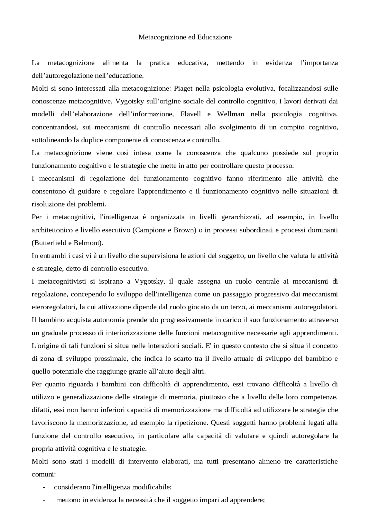Metacognizione Ed Educazione Docsity