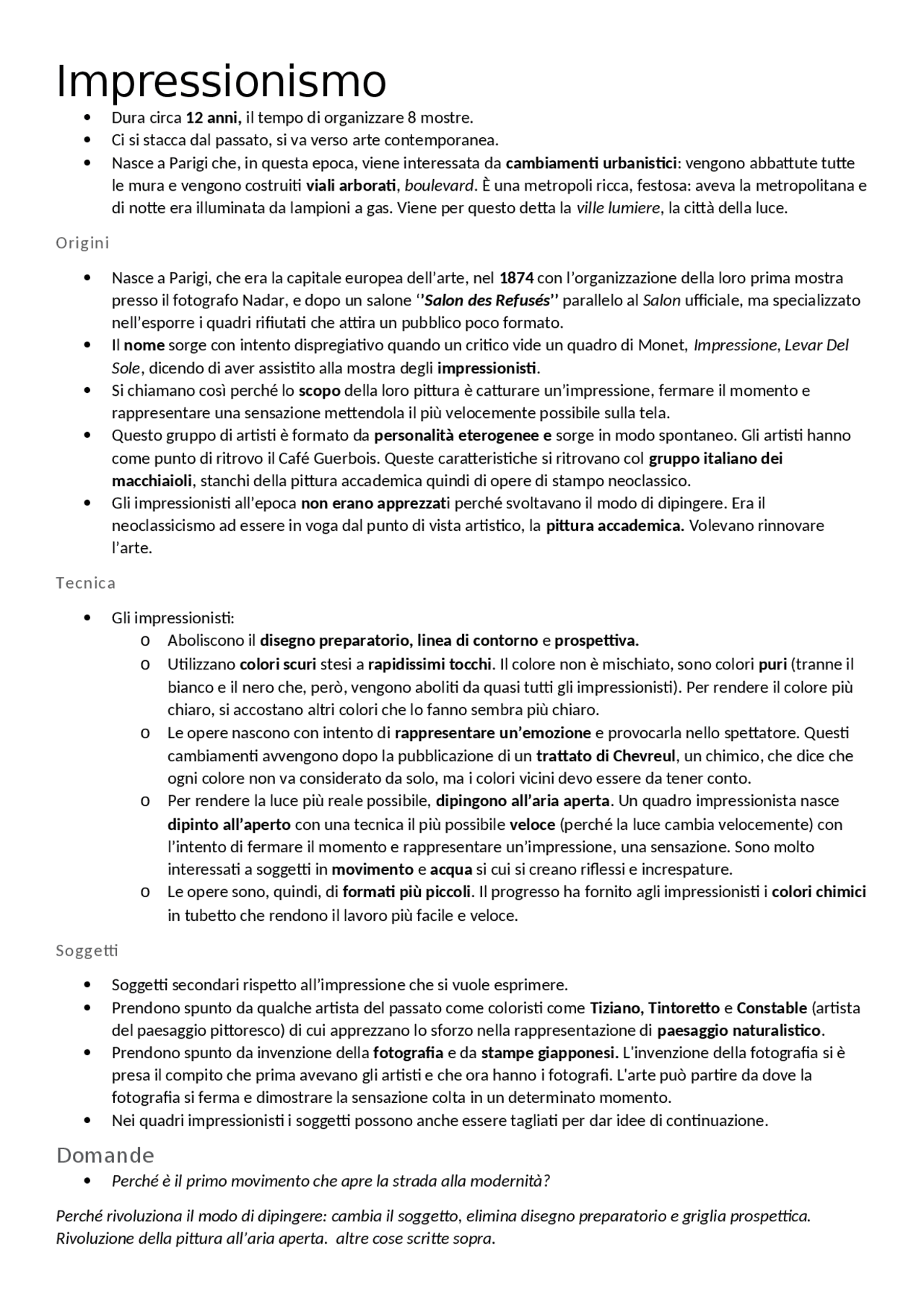 L Impressionismo E Post Impressionismo Docsity