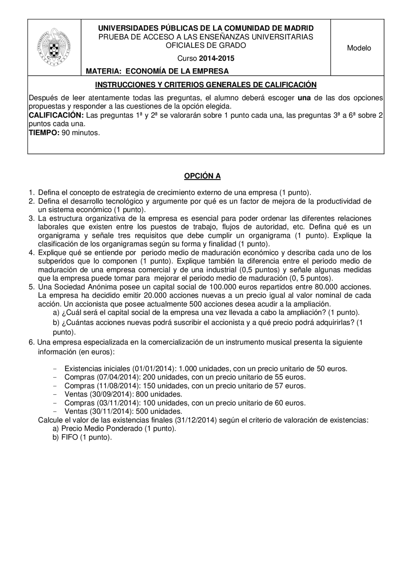 Examen Selectividad Madrid 2015 Docsity