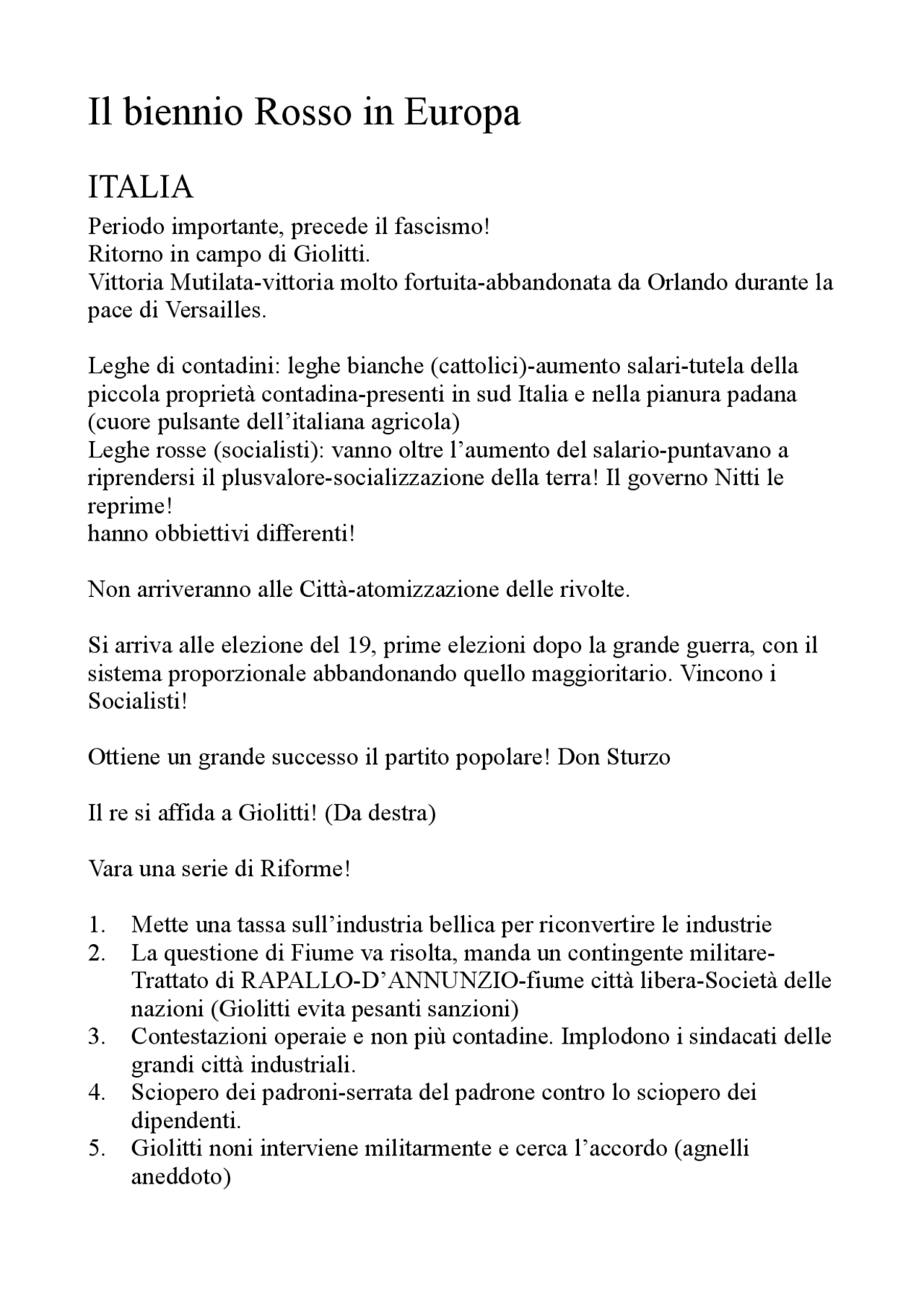 Il Biennio Rosso in Europa | Appunti di Storia - Docsity