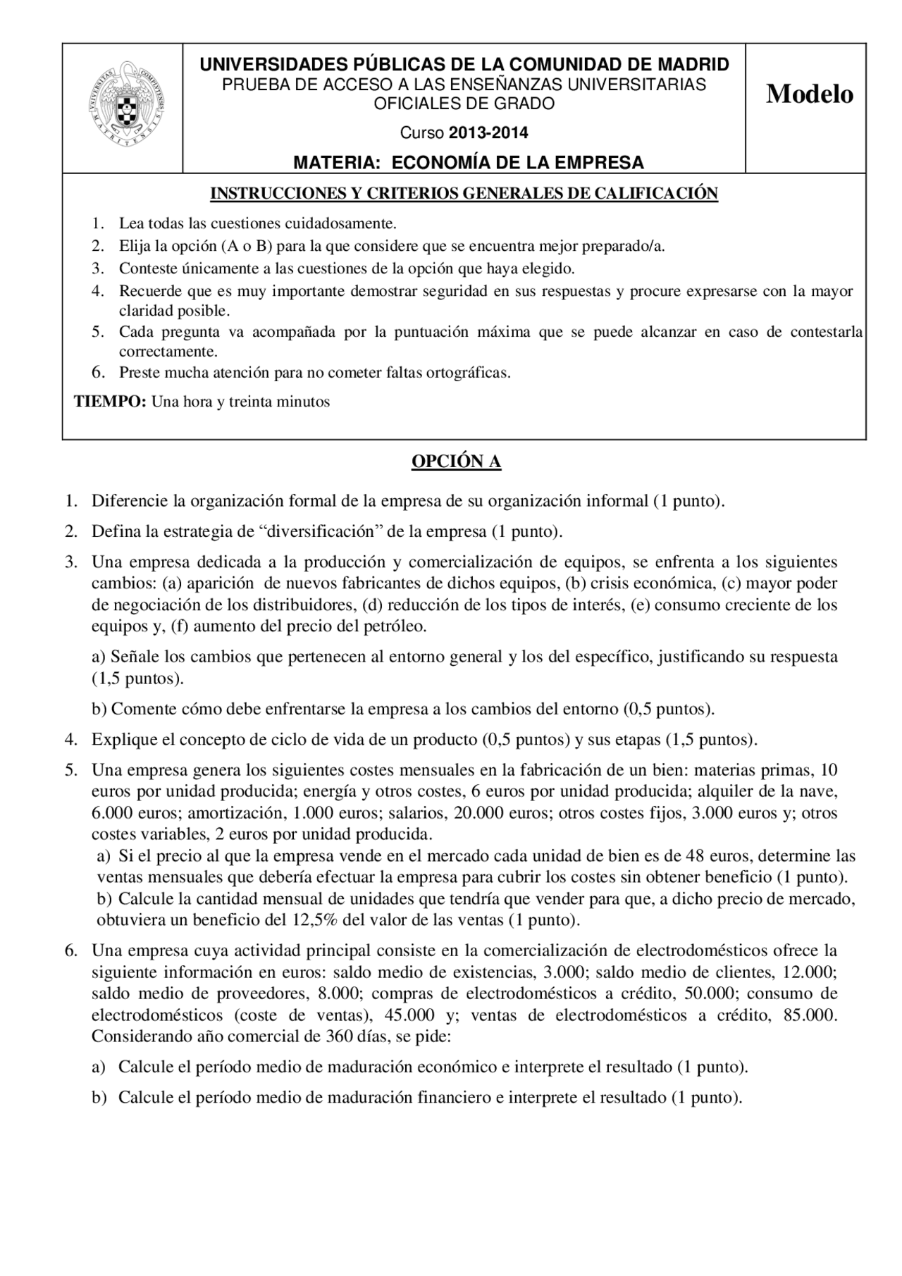 Examen Selectividad Madrid 2014 Docsity