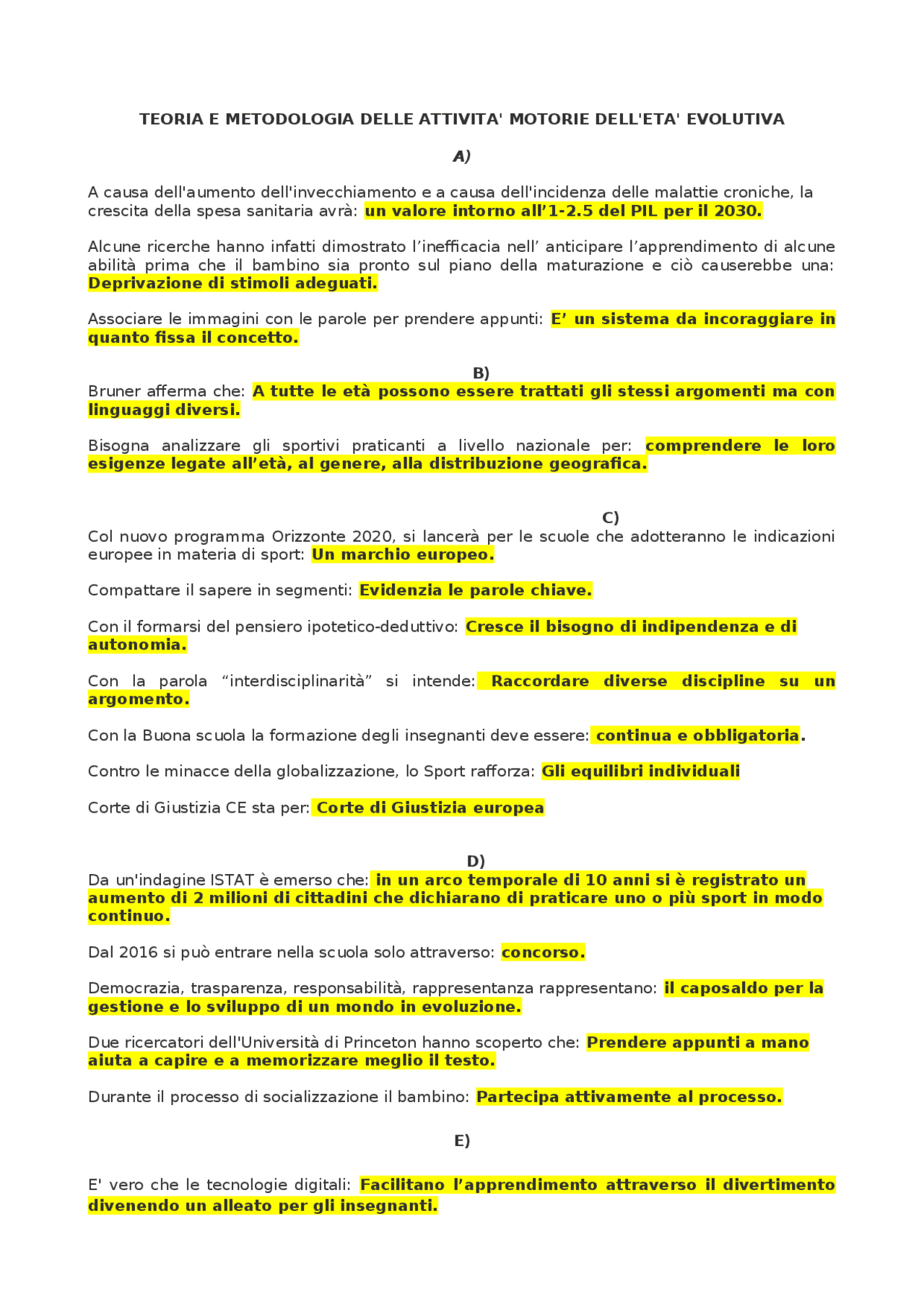 Teoria E Metodologia Delle Attività Motorie E Dell Età Evolutiva Docsity