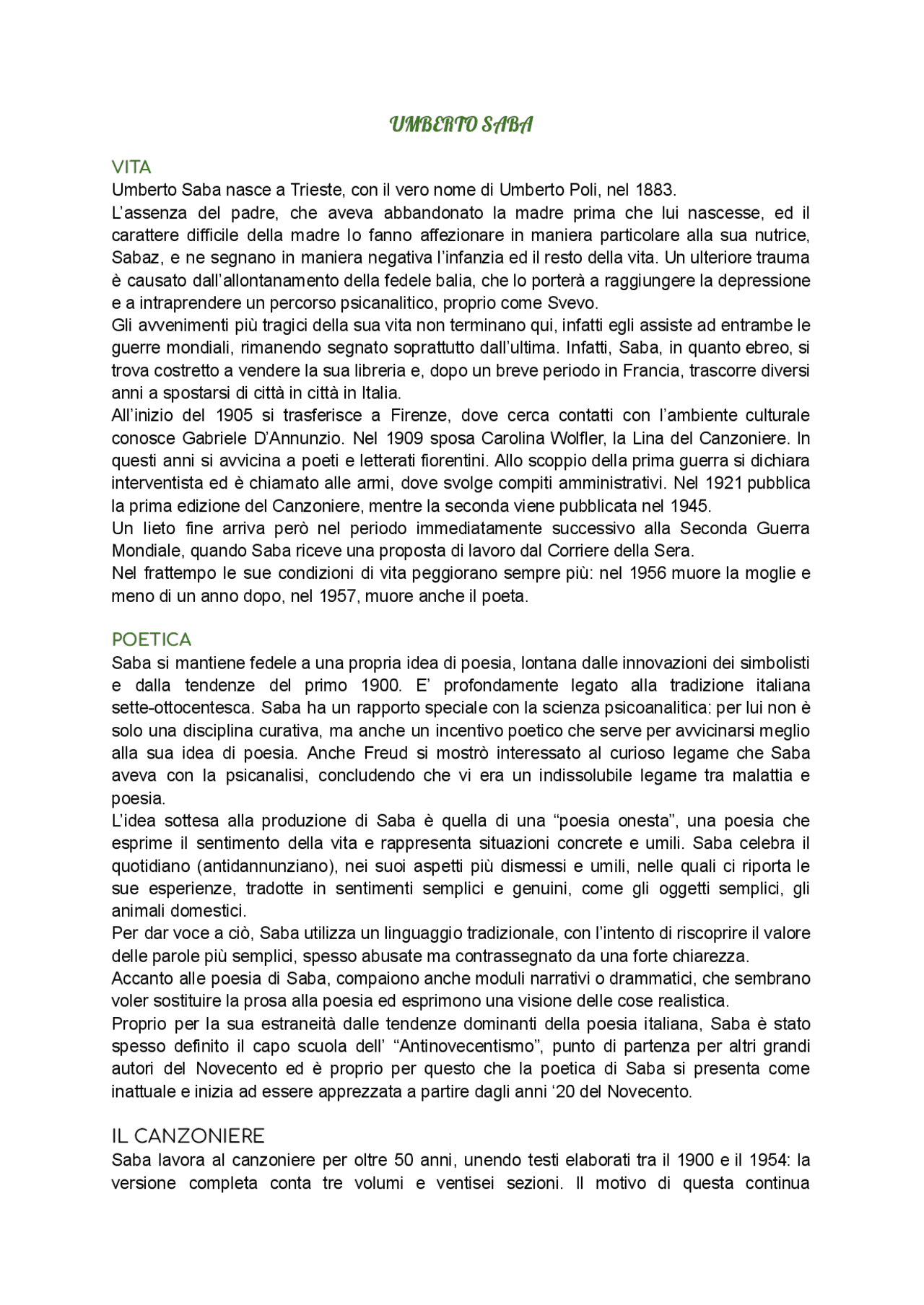 Appunti Su Umberto Saba Docsity