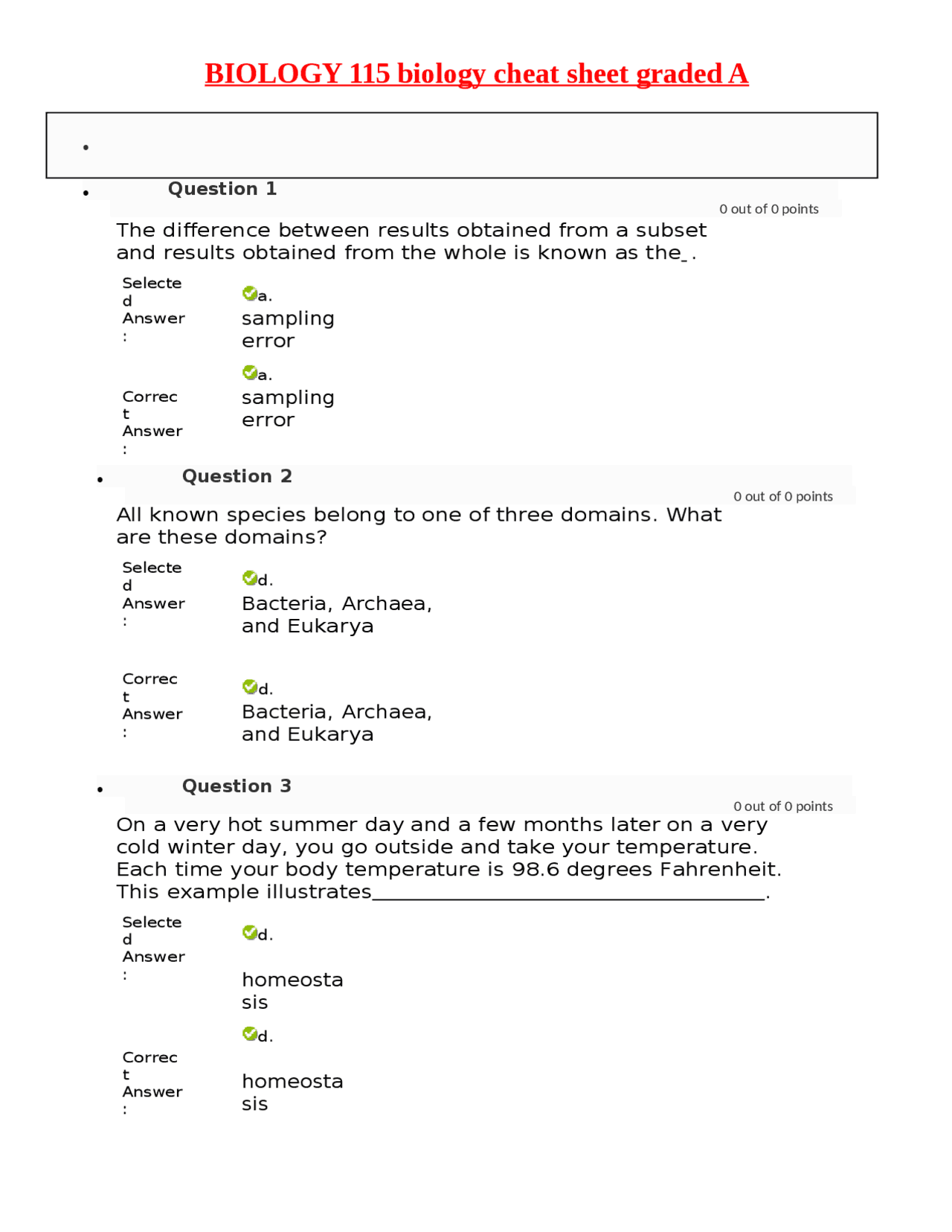BIOLOGY 115 biology cheat sheet graded A - Docsity
