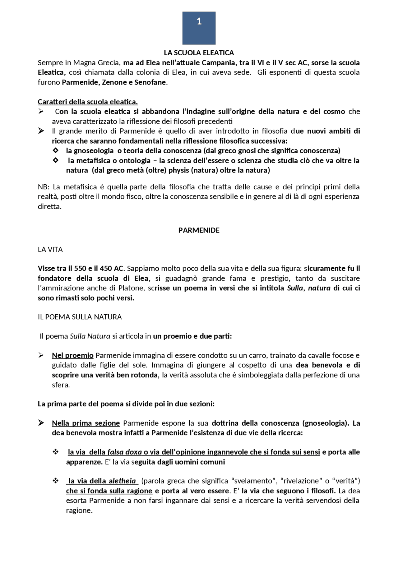 Filosofia appunti Liceo: scuola Eleatica e Parmenide - Docsity