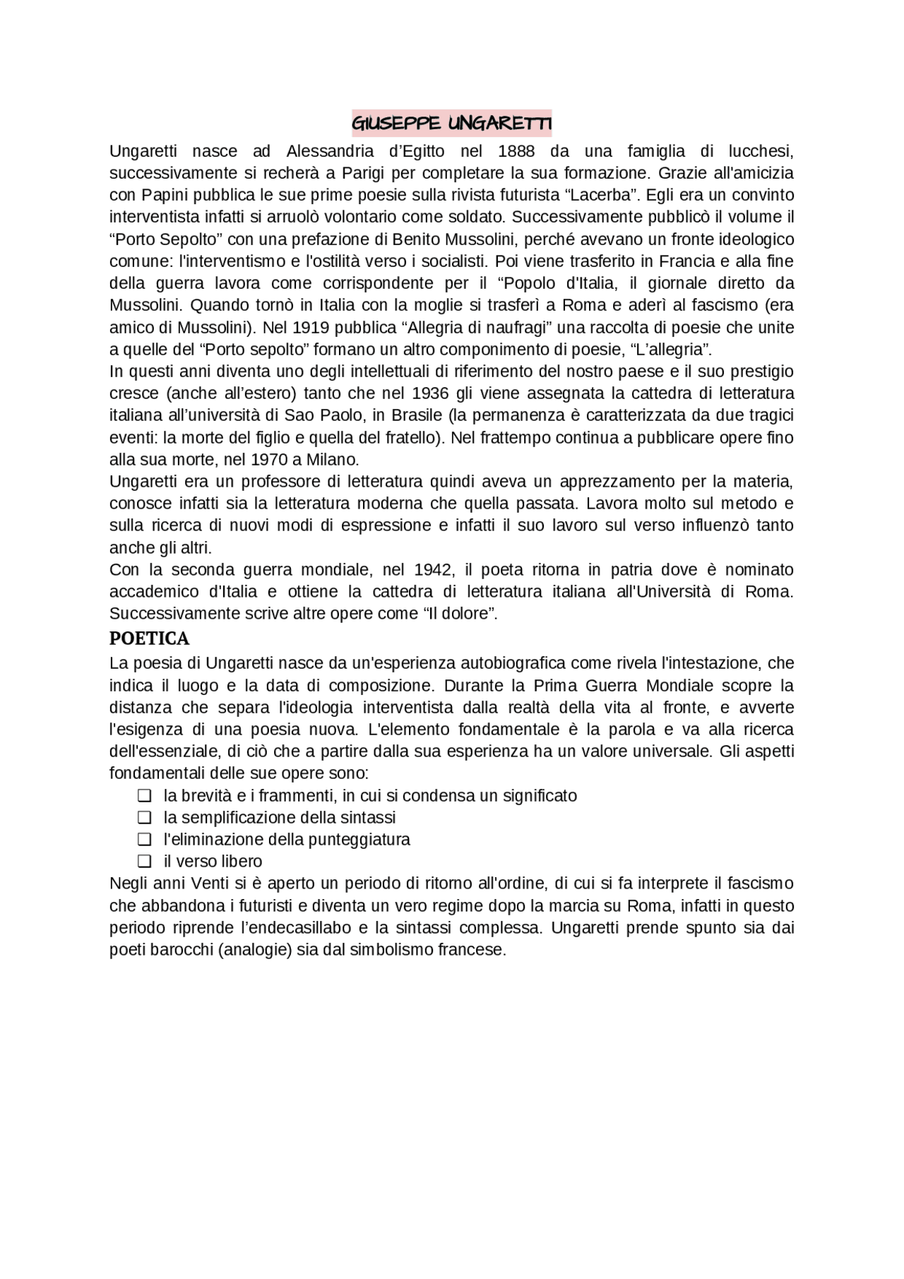 Appunti Giuseppe Ungaretti Docsity