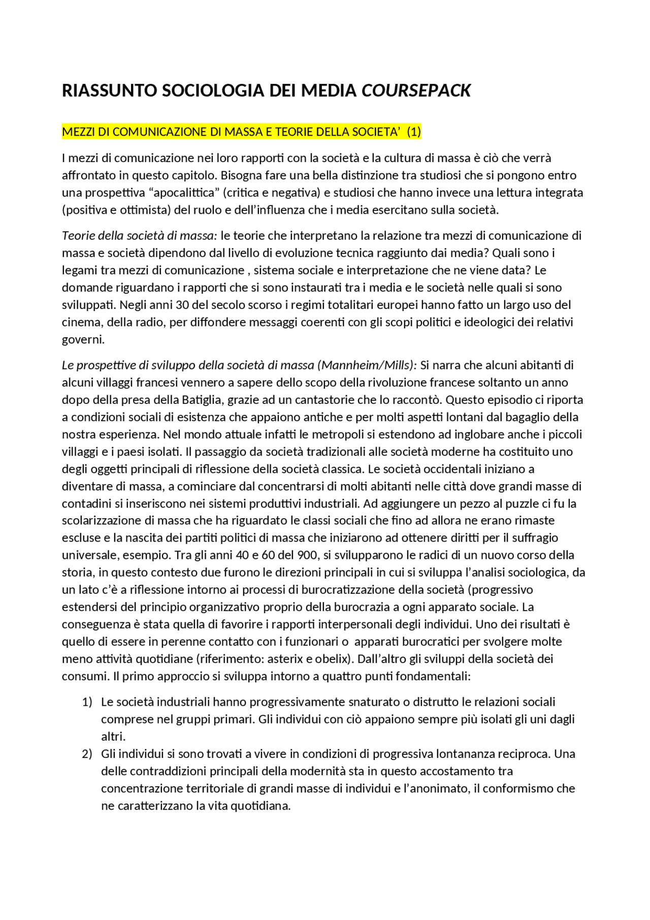 Riassunto Sociologia Dei Media Coursepack Docsity