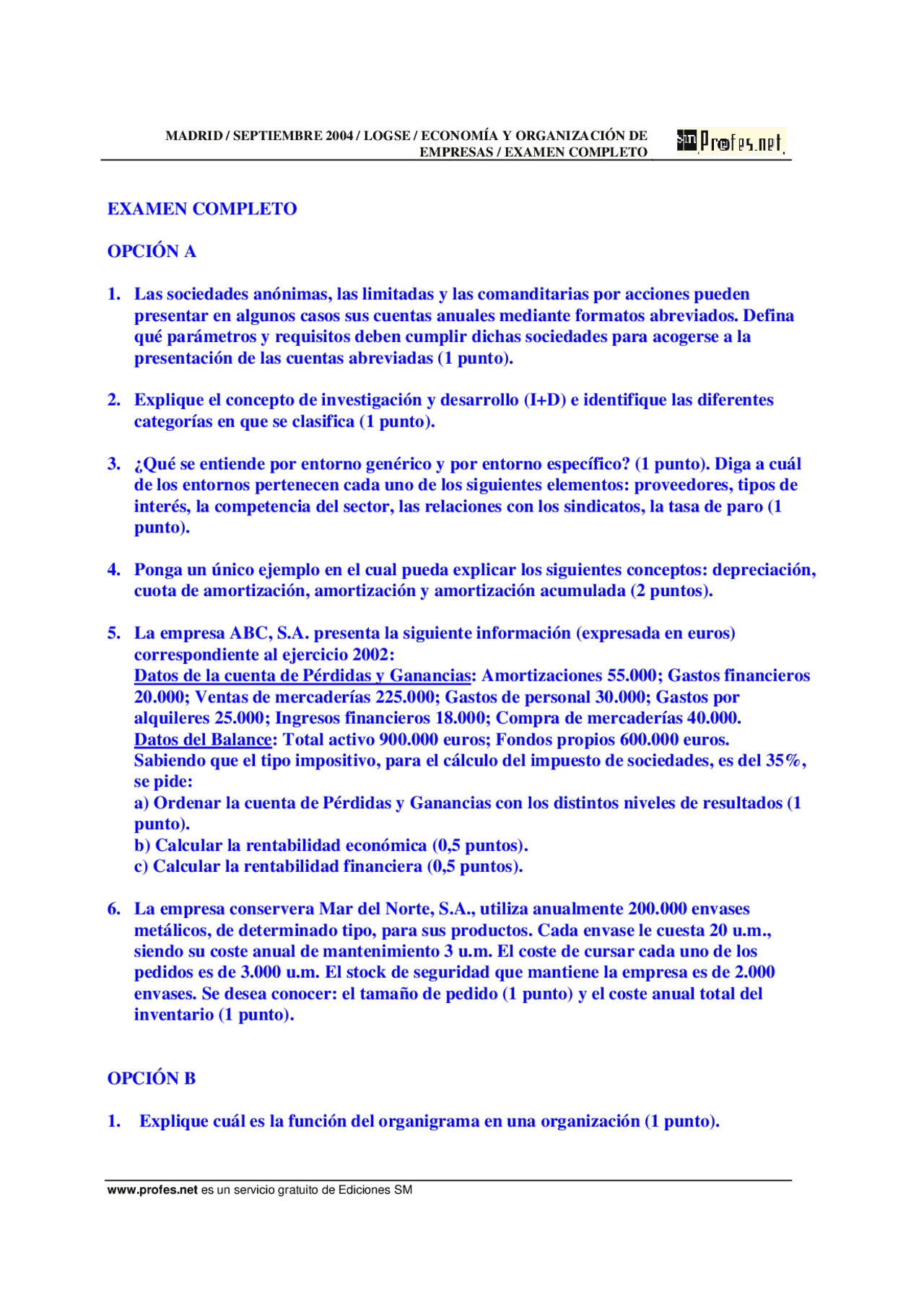Examen Selectividad Madrid 2004 Docsity