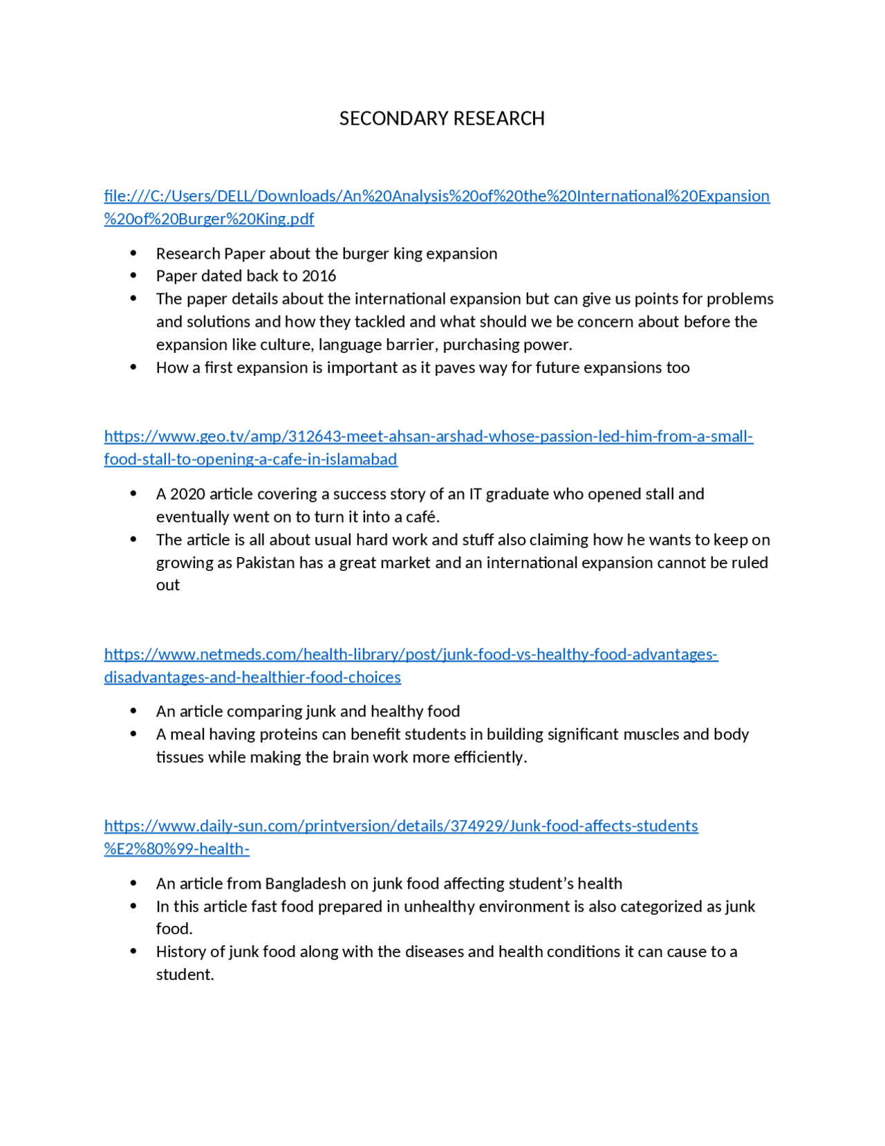 Secondary Research About Food Docsity
