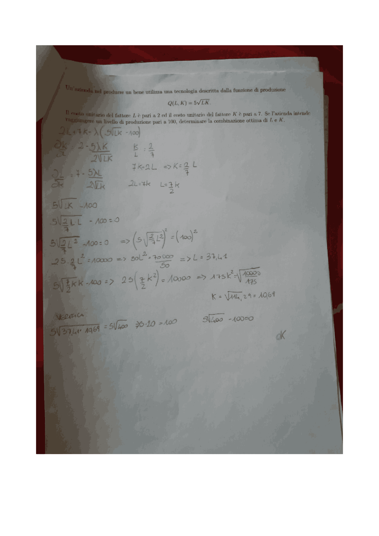 Esercizio Desame Matematica Per Leconomia Docsity
