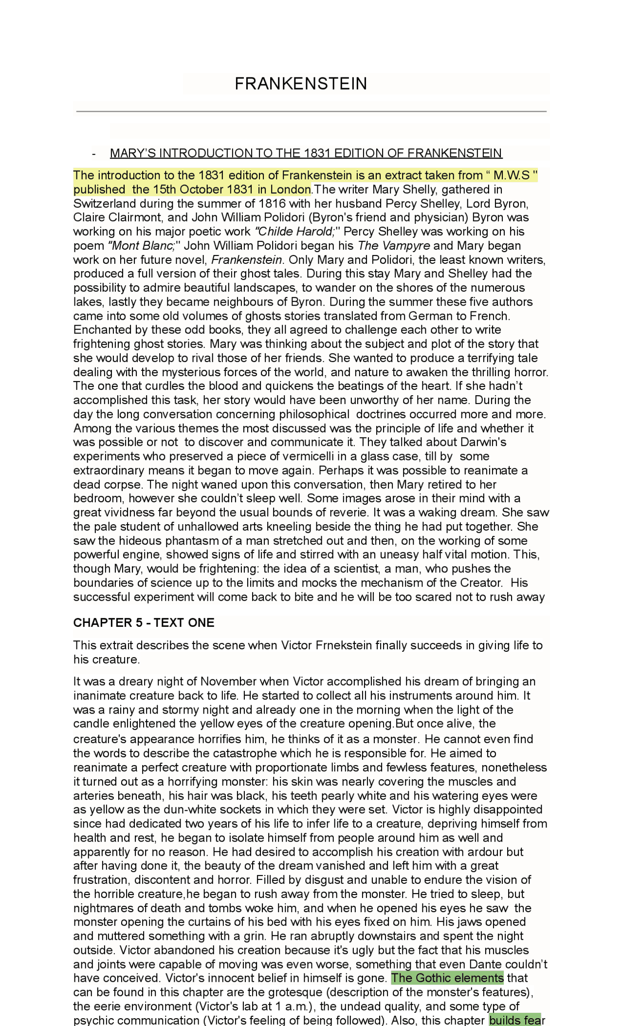 Frankenstein plot and analysis - Docsity