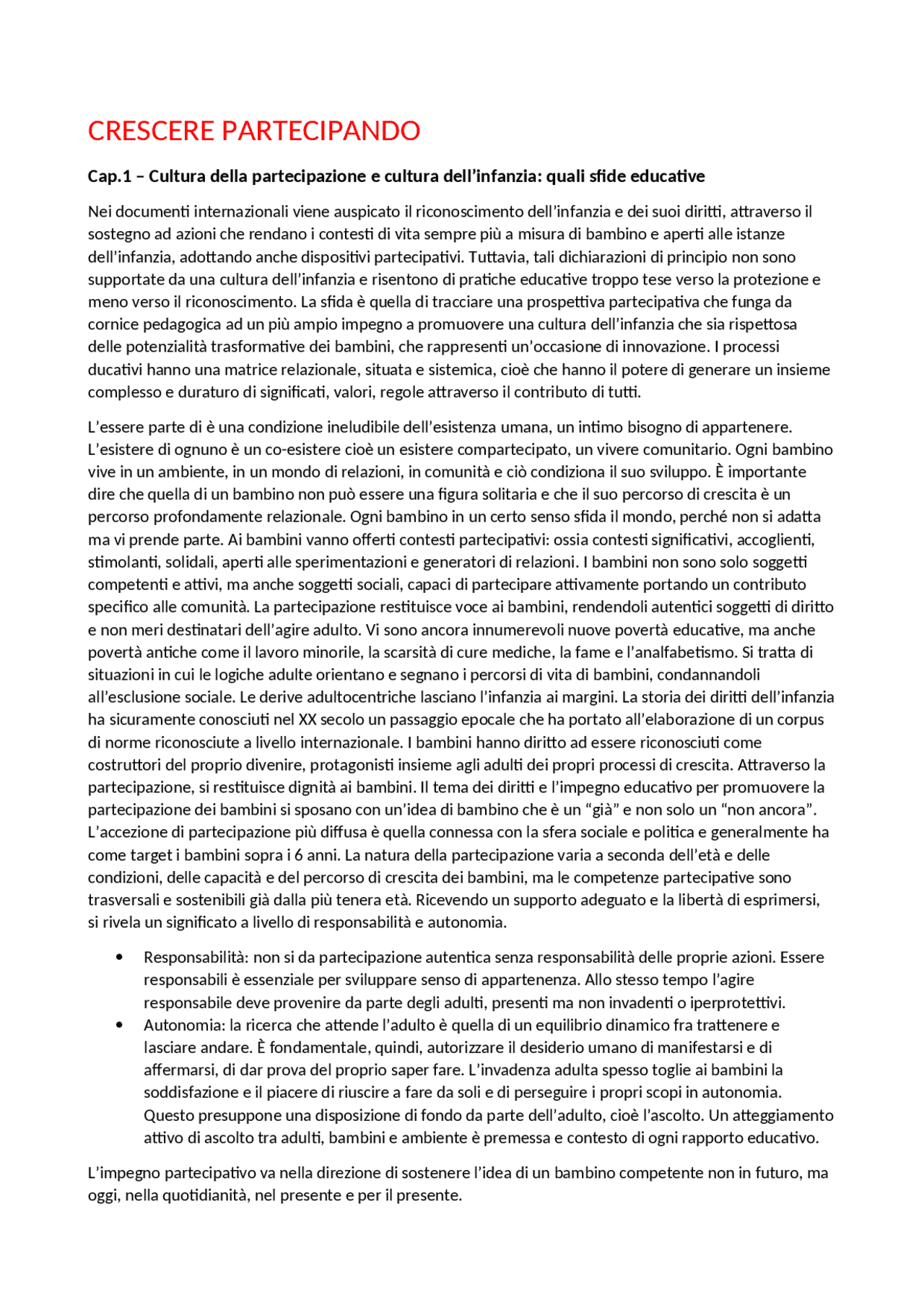 Riassunto Libro Crescere Partecipando Docsity