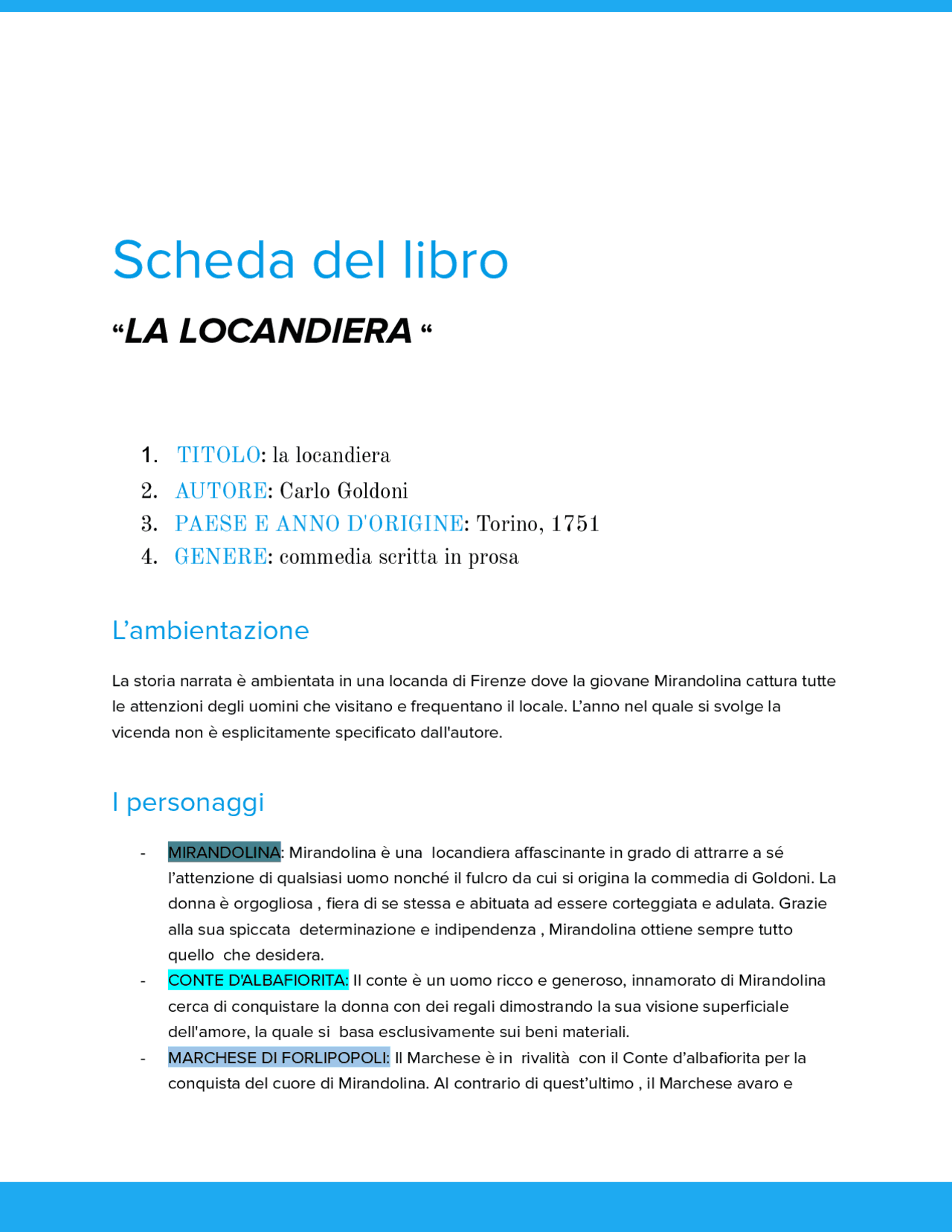 Scheda Libro La Locandiera Esercizi Di Italiano Docsity