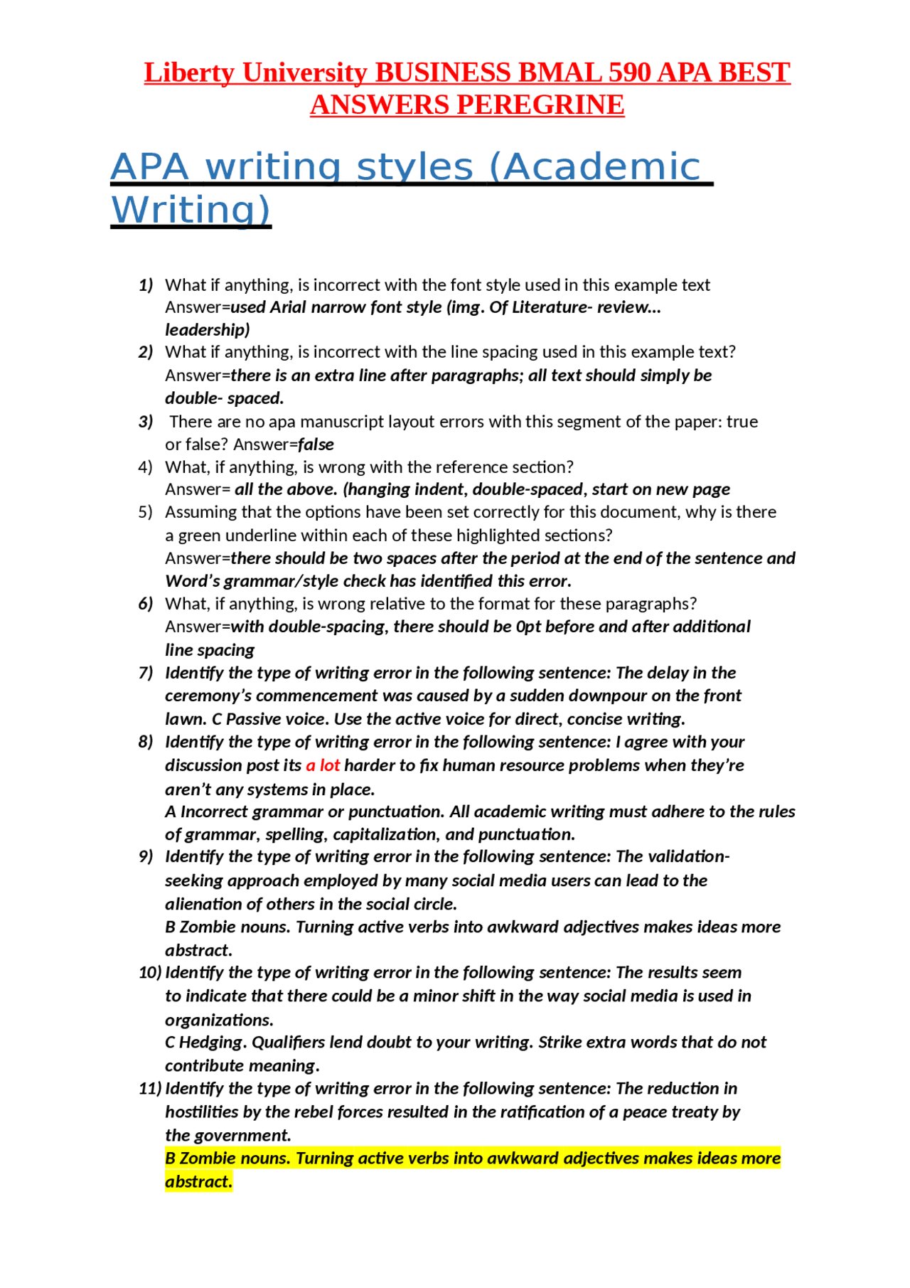 Liberty University BUSINESS BMAL 590 APA BEST ANSWERS PEREGRINE - Docsity