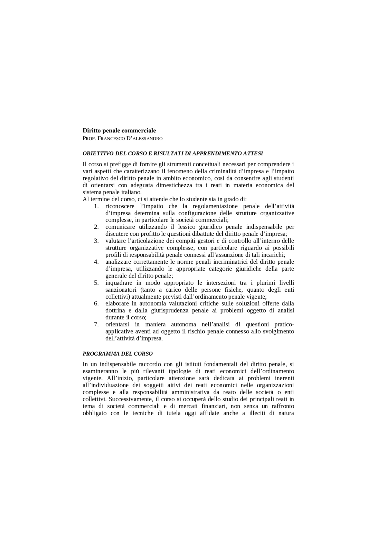 Diritto Penale Commerciale Prof Dalessandro Docsity
