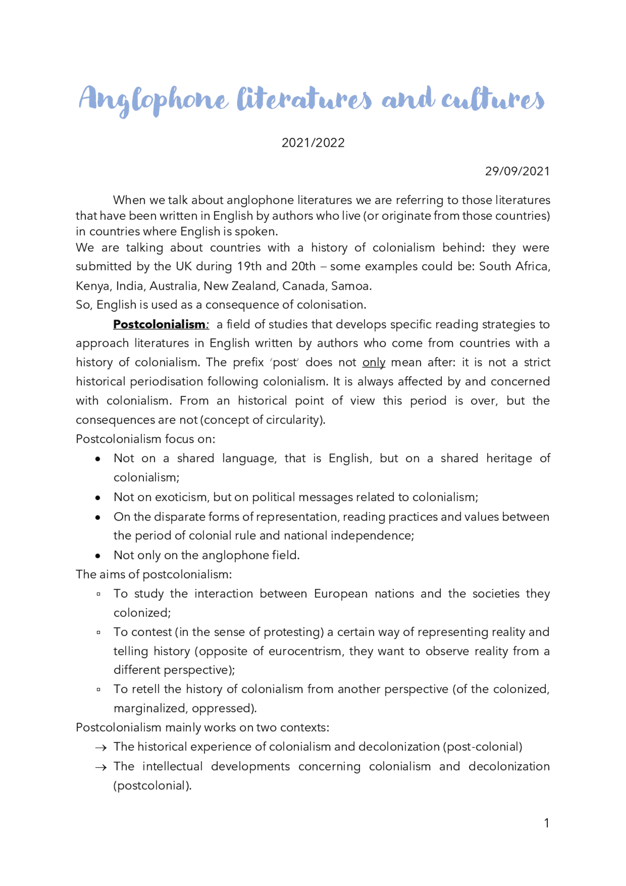 Anglophone literatures and cultures A-L - Docsity