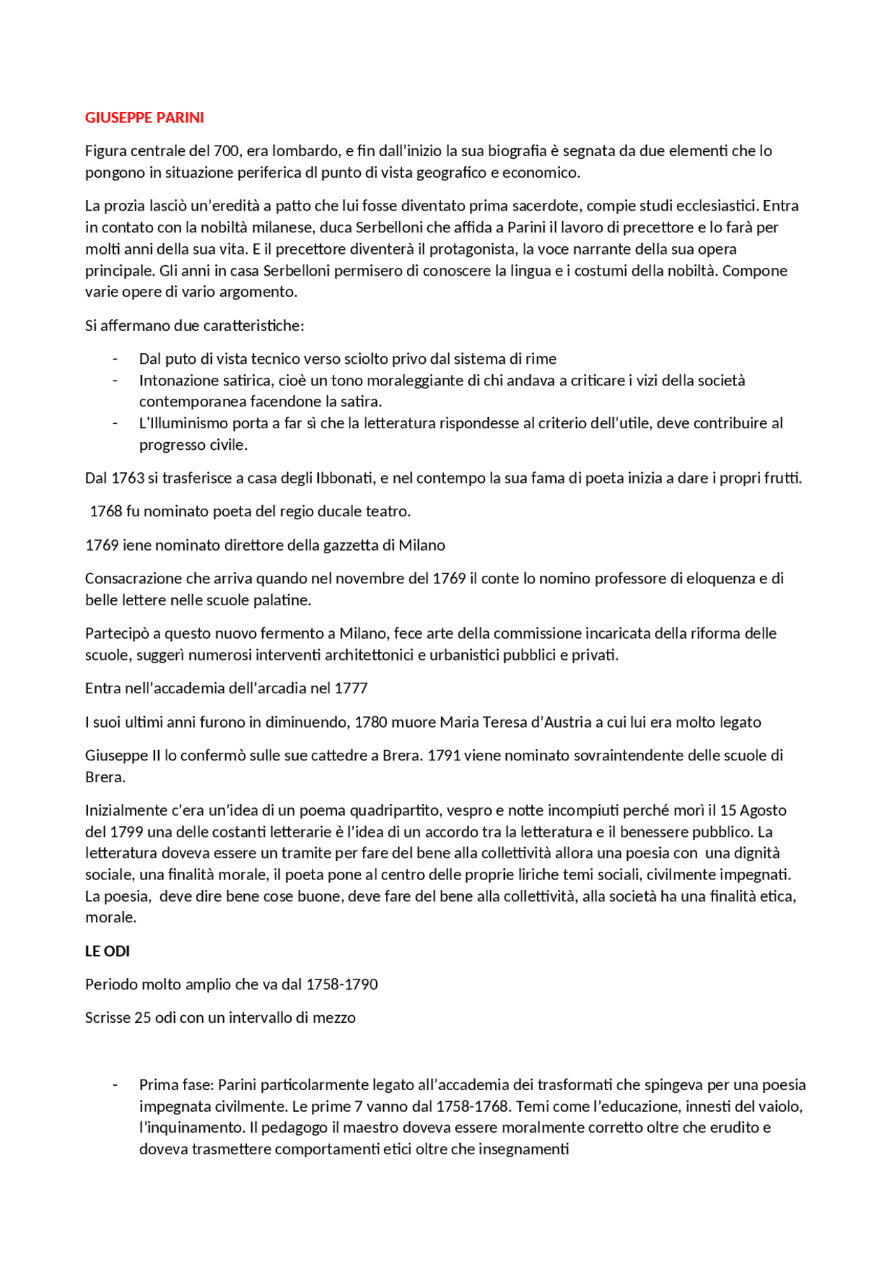 Giuseppe Parini Vita E Opere Docsity