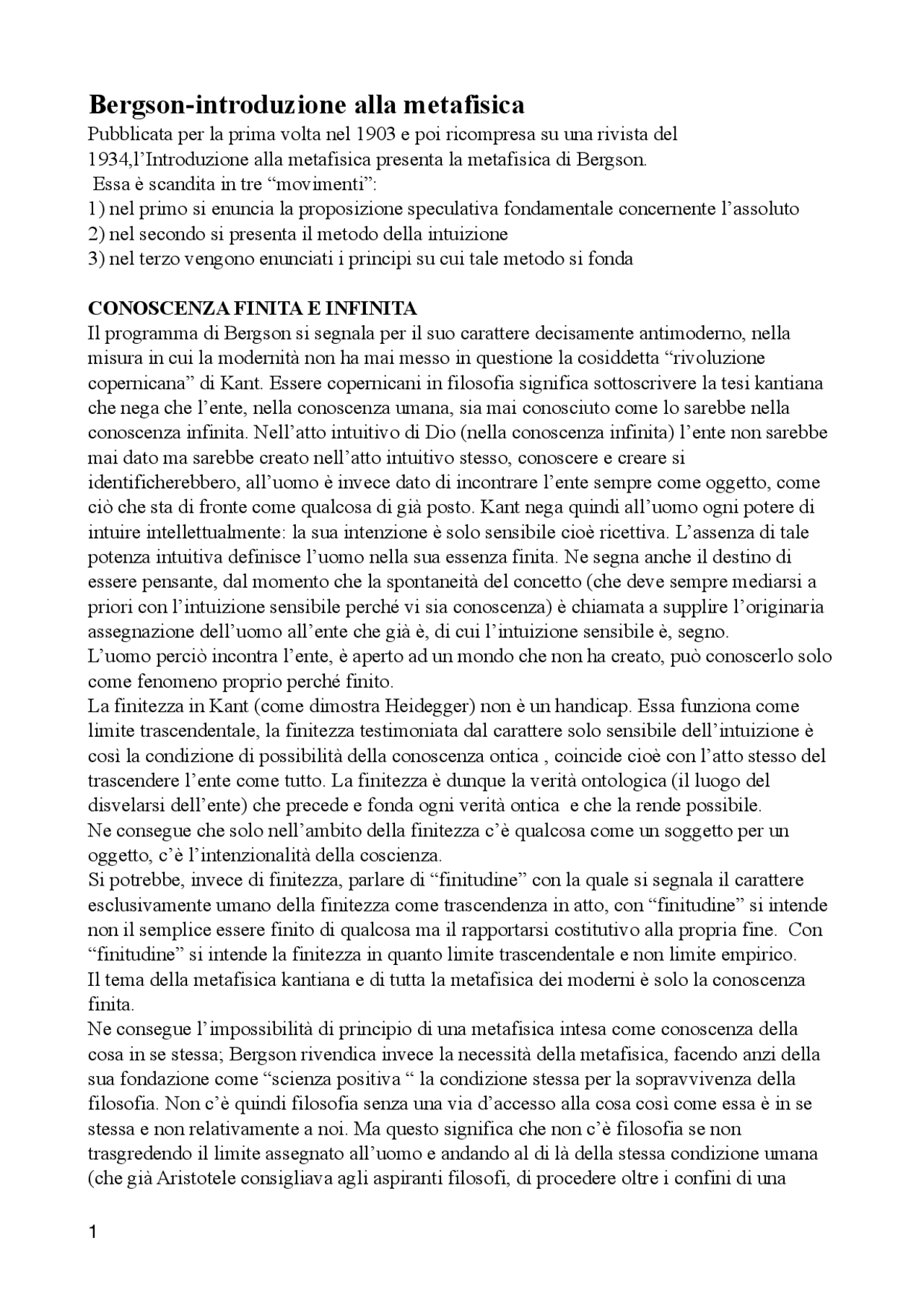 Riassunto Testo Introduzione Alla Metafisica Docsity