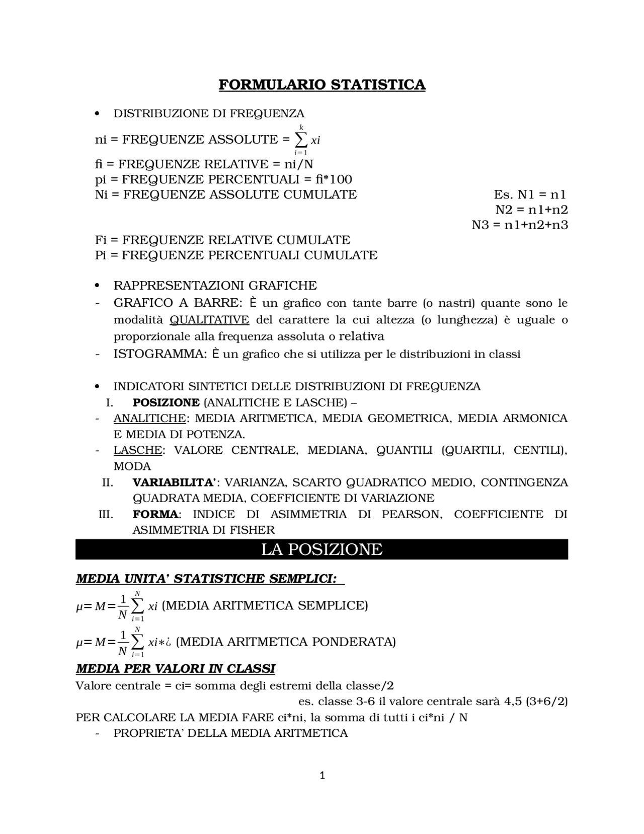 Formulario di statistica - Docsity