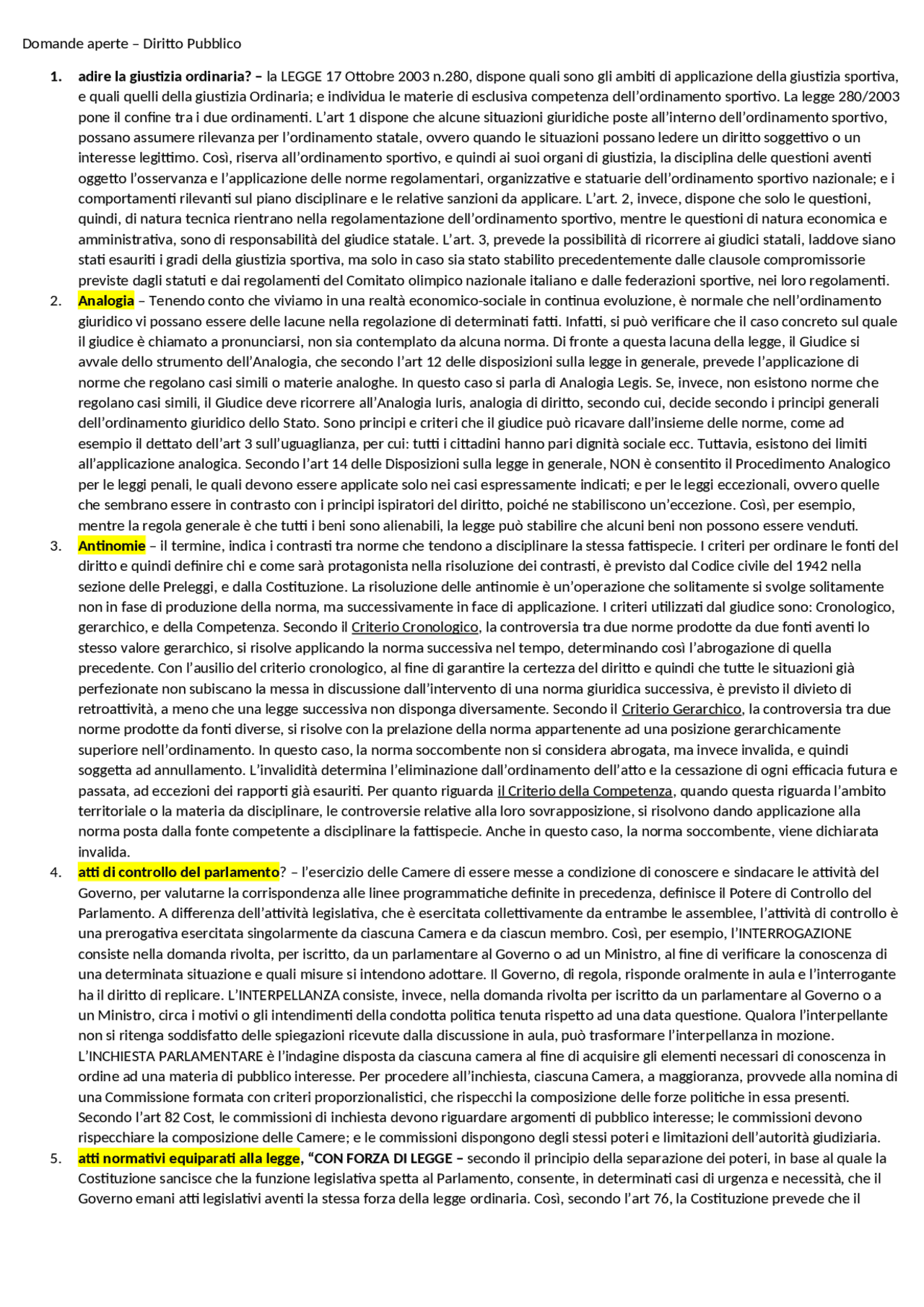 DIRITTO PUBBLICO - RISPOSTE DOMANDE APERTE DEL PANIERE - Docsity