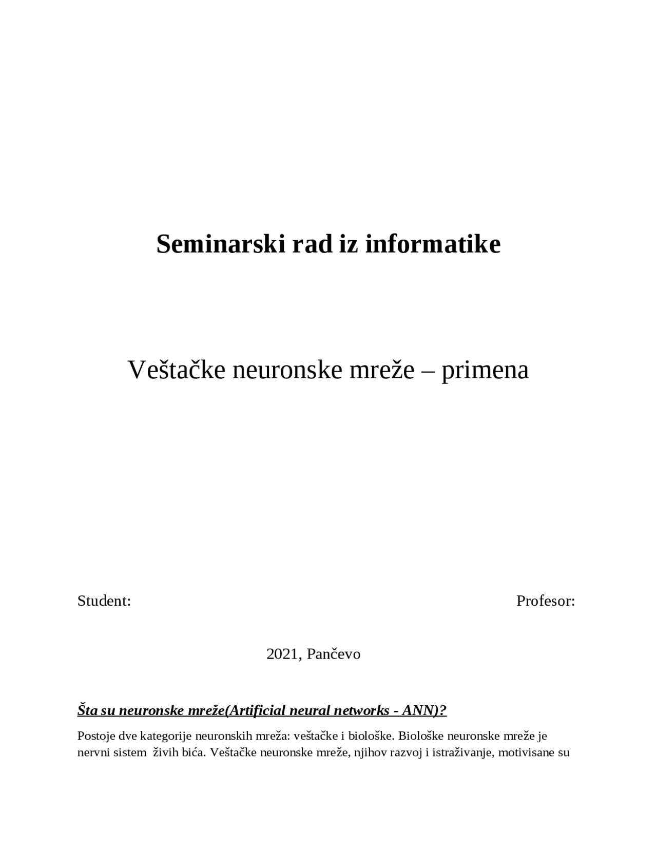 Vestacke neuronske mreze-primena | Seminarski radovi' predlog Informatika - Docsity