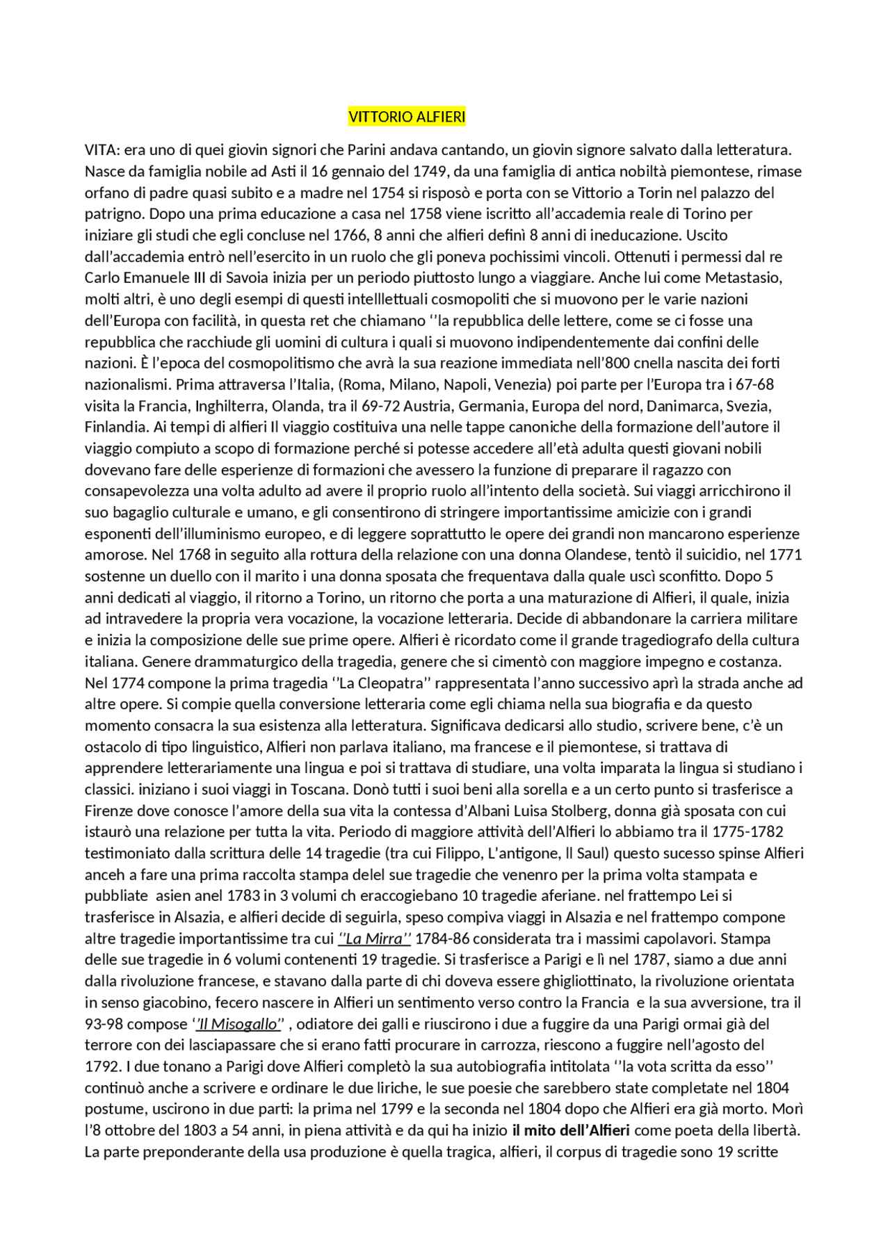 Vittorio Alfieri Vita E Opere Docsity