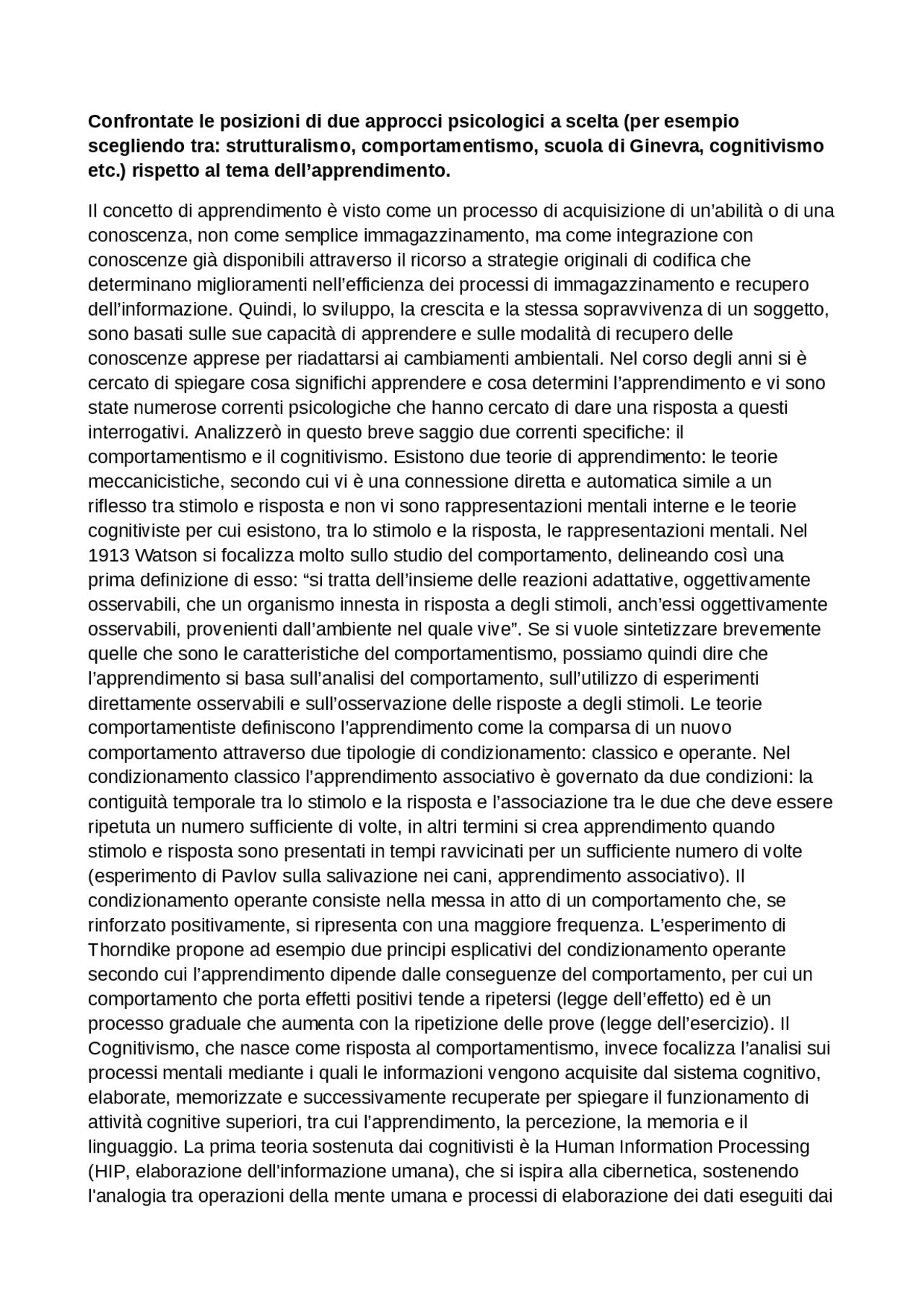 Apprendimento Due Scuole Di Pensiero Docsity