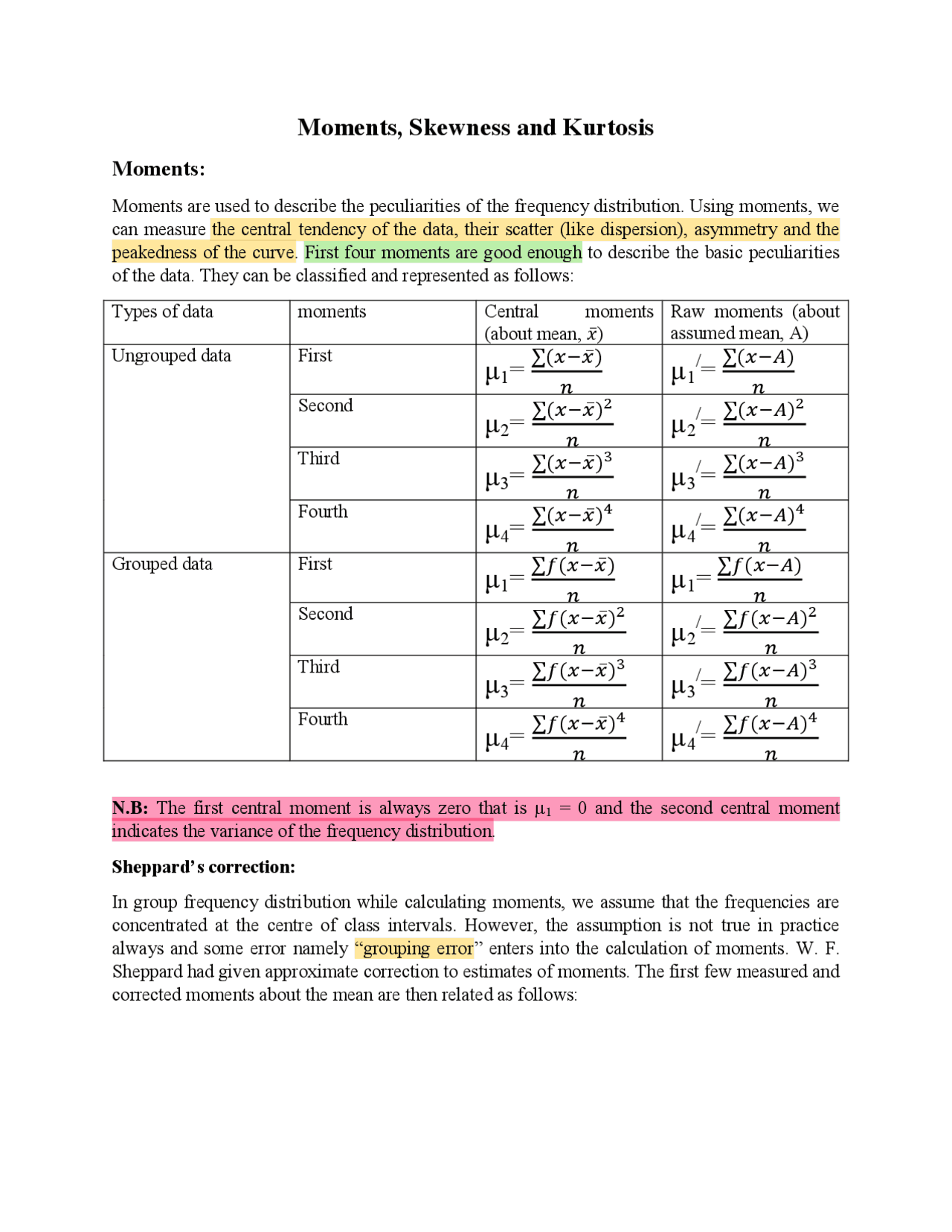 Moments, Skewness and Kurtosis - Docsity