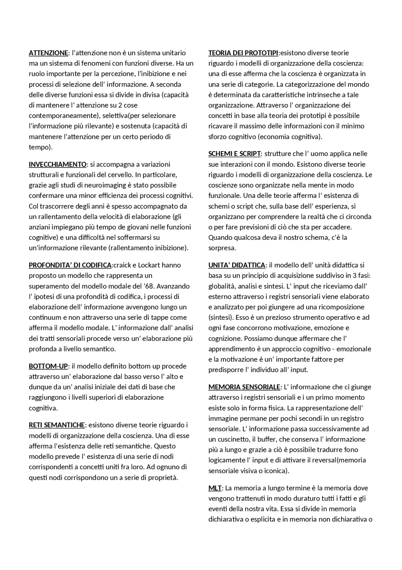 Processi Cognitivi Concetti Base Docsity