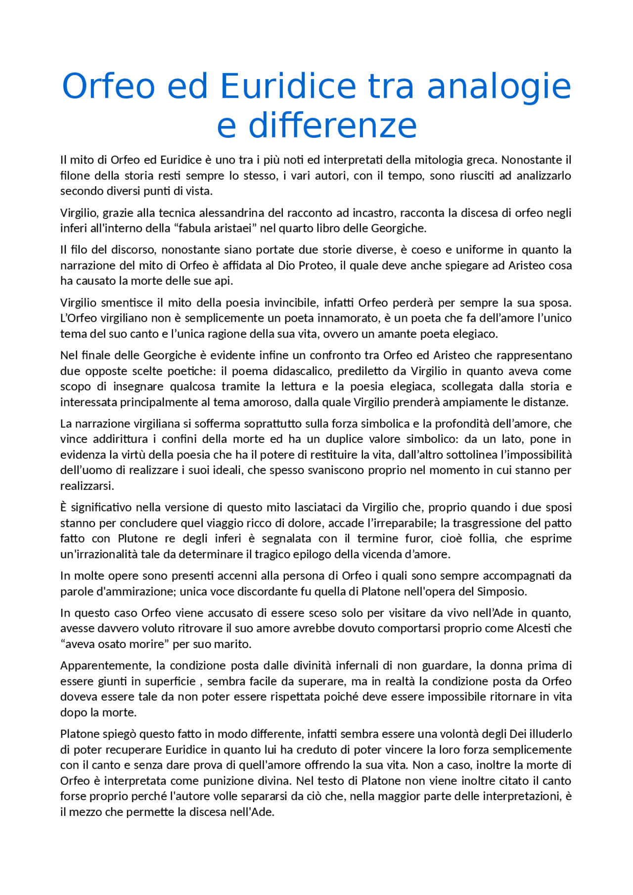 Orfeo Ed Euridice Tra Analogie E Differenze Docsity