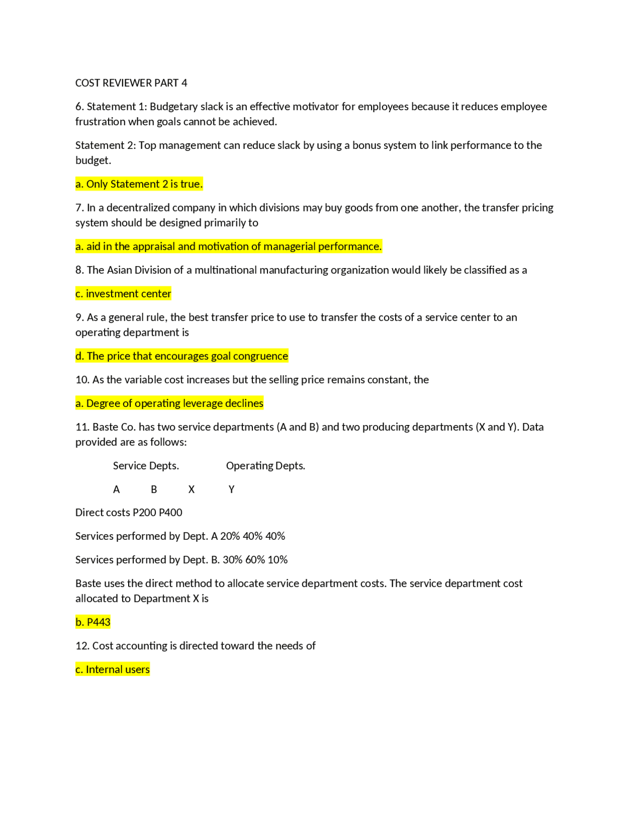 COST REVIEWER PARTS ONE TO FIVE | Cheat Sheet Cost Accounting | Docsity