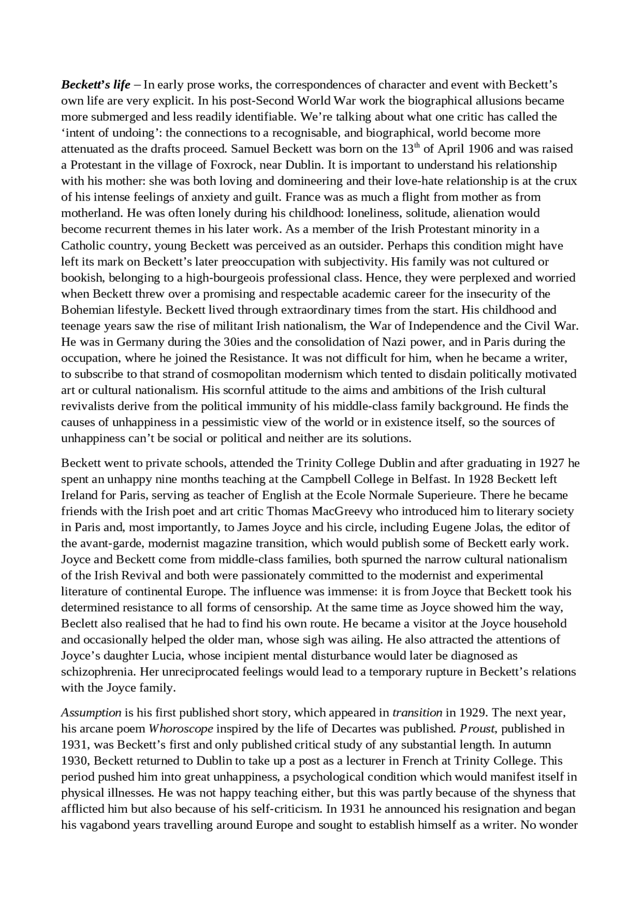 Riassunto The Cambridge Introduction to Samuel Beckett - Docsity