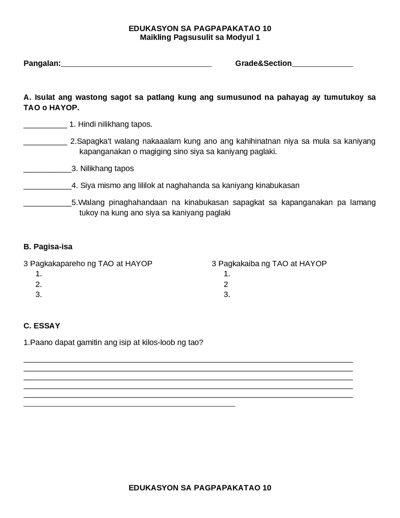 An esp guide for grade 10 student - Docsity