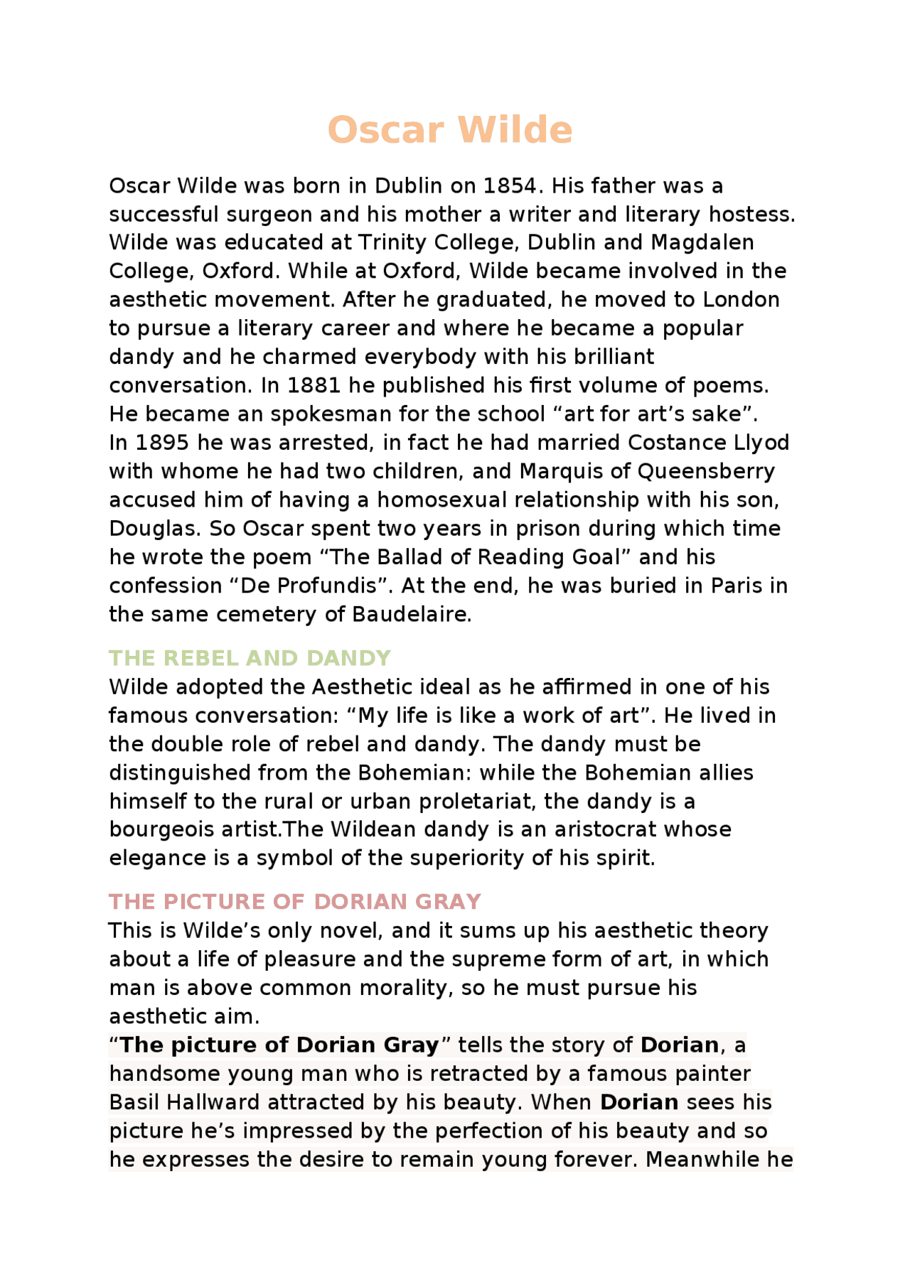Oscar Wilde And The Picture Of Dorian Gray Docsity