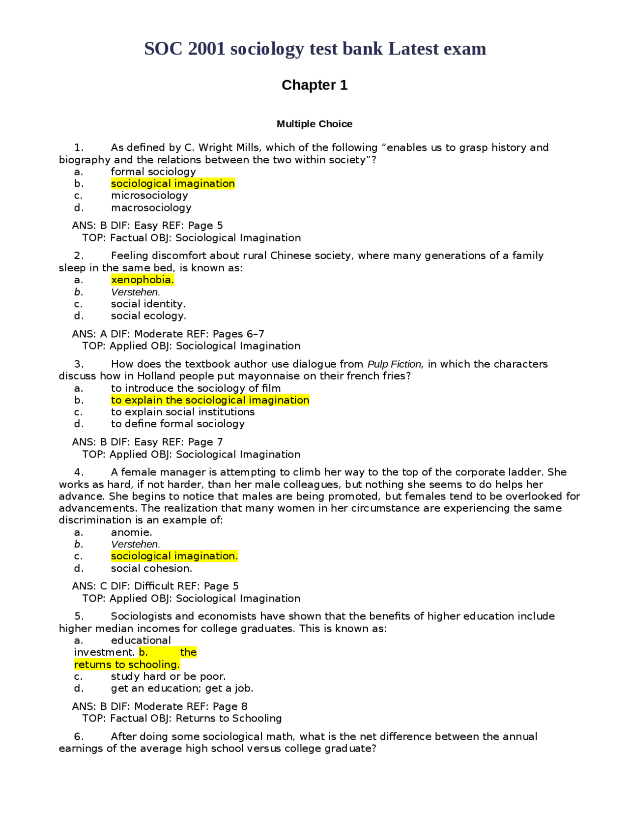 SOC 2001 sociology test bank Latest exam - Docsity