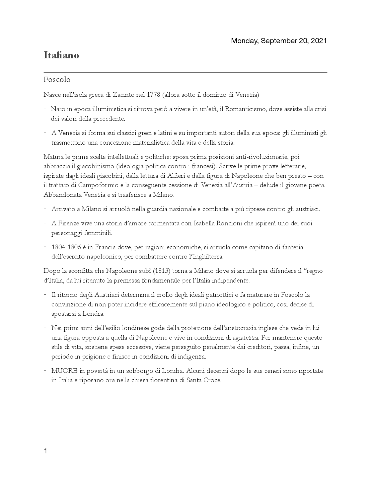 Appunti Su Foscolo E Opere Docsity