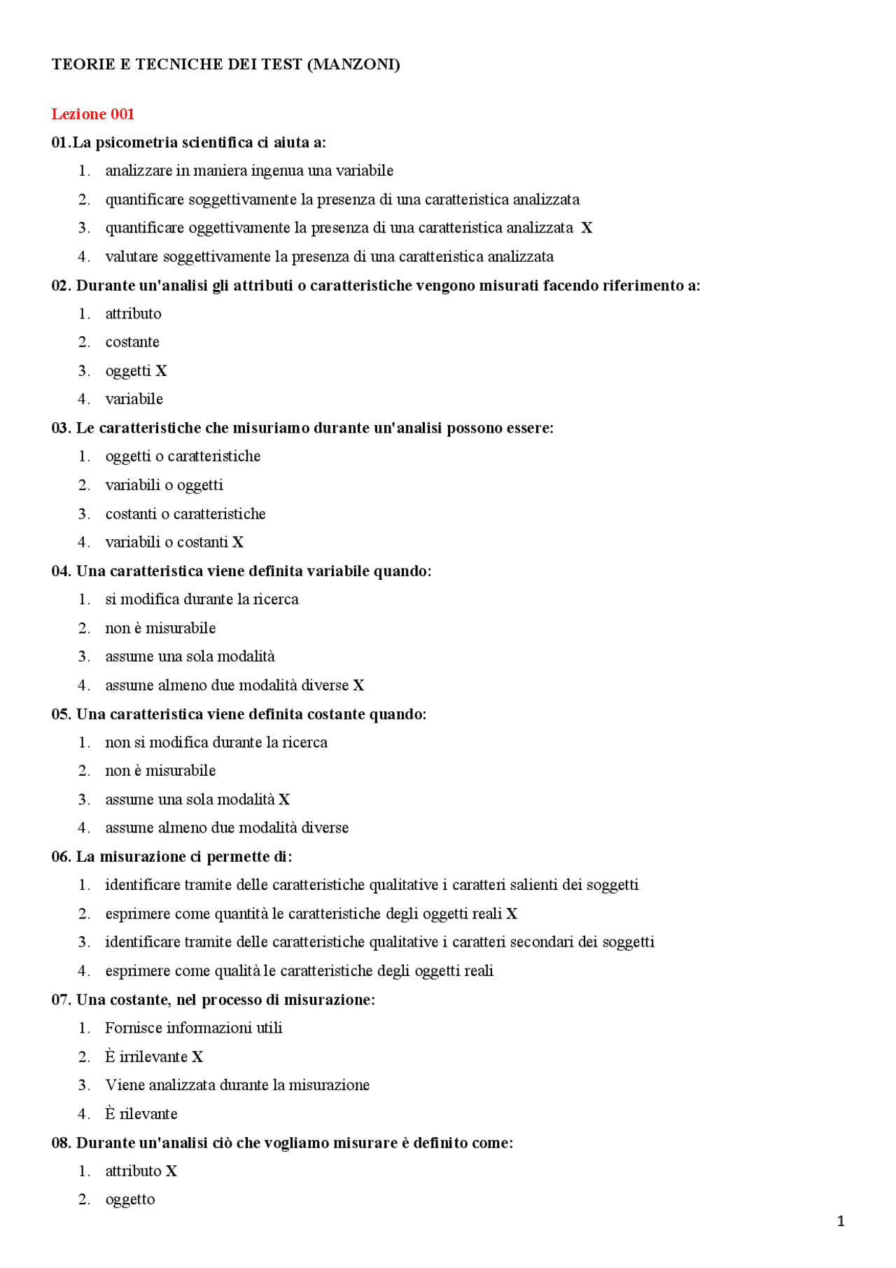 Paniere Ecampus Teorie E Tecniche Dei Test B Docente Manzoni Docsity
