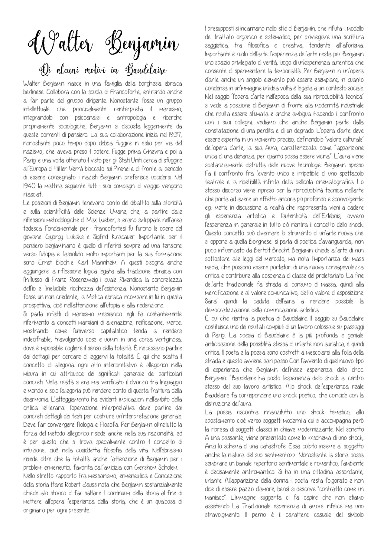 Walter Benjamin Riassunto Capitolo E Appunti Docsity
