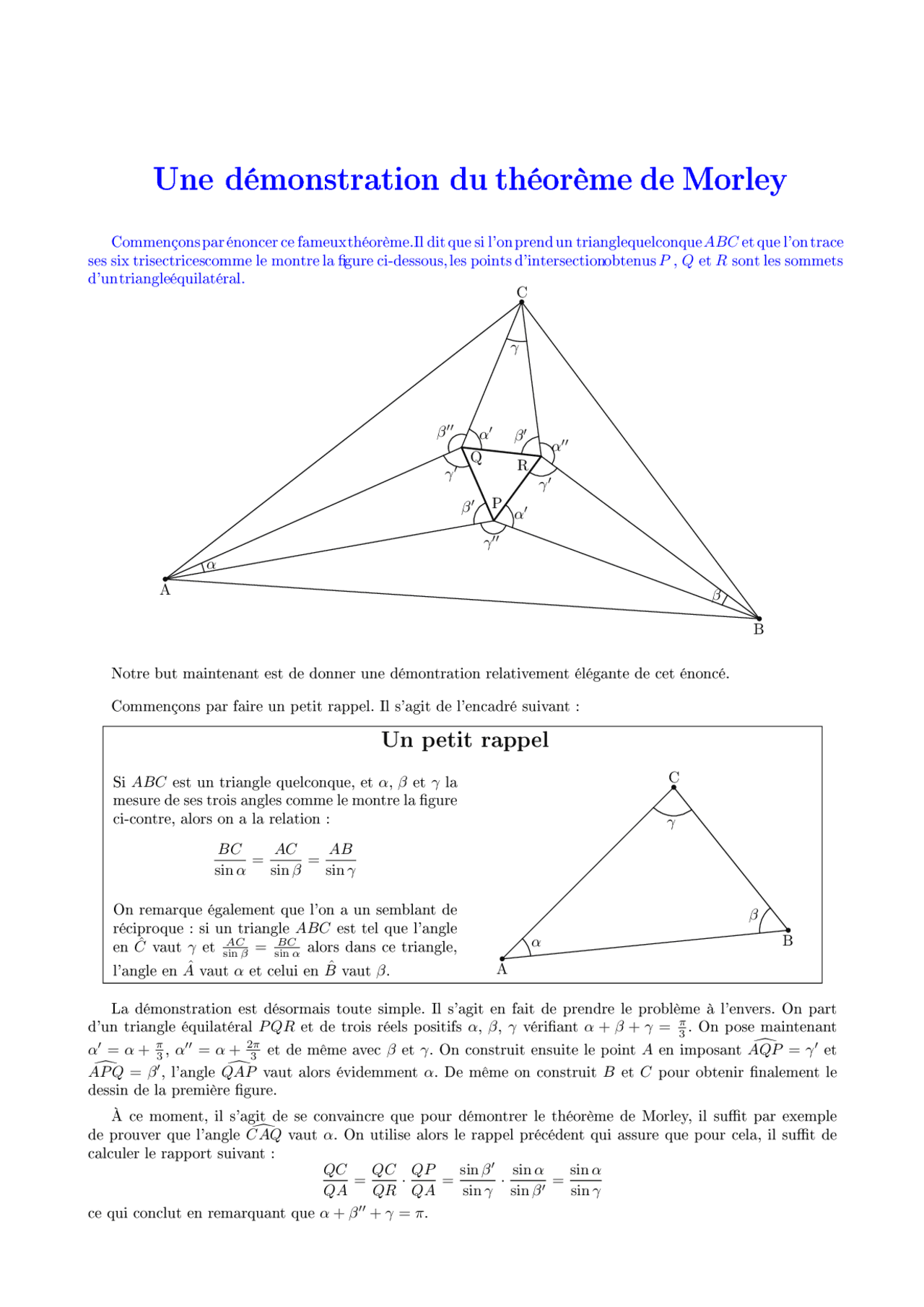 Une démonstration du théorème de Morley | Résumés Mathématiques | Docsity