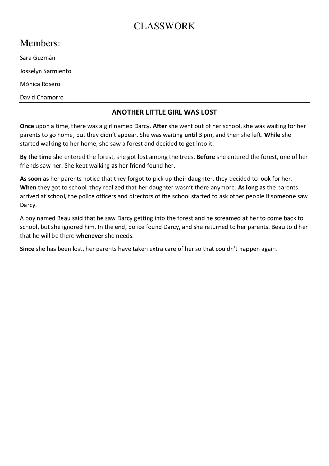 Classwork - story of a girl - Docsity