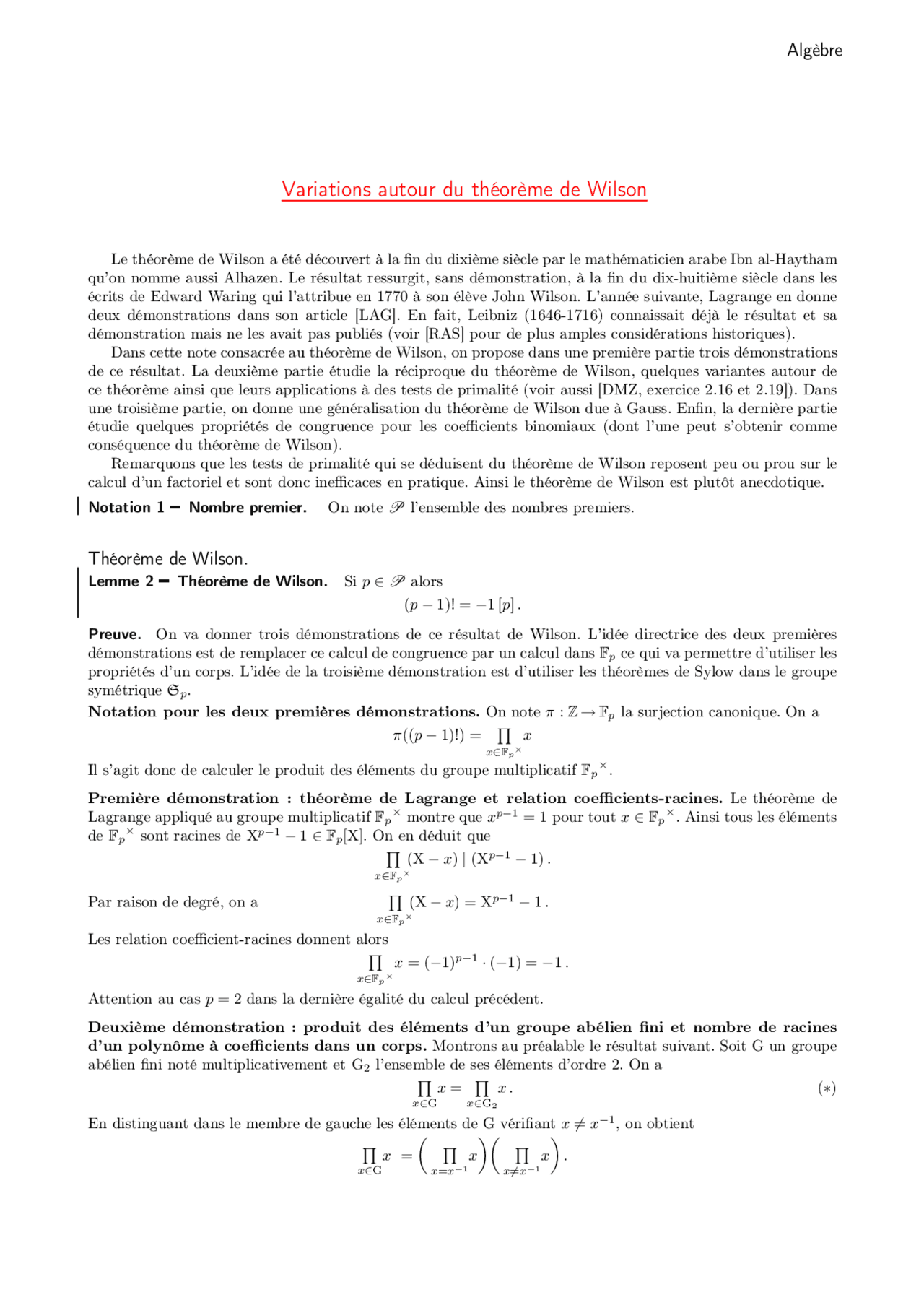 Le théorème de Wilson - démonstration | Résumés Mathématiques | Docsity