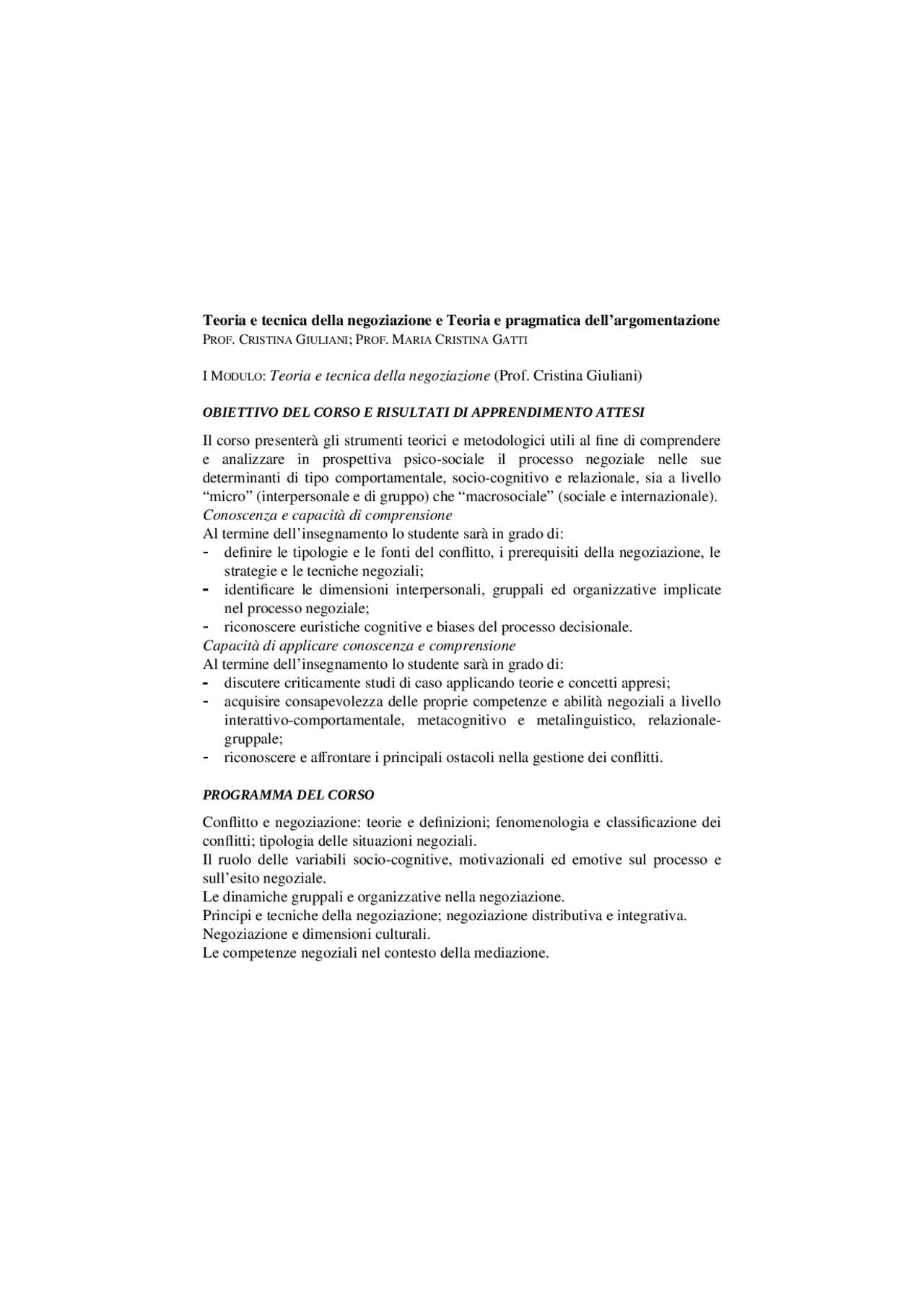 Programma esame teoria e tecnica della negoziazione - Docsity