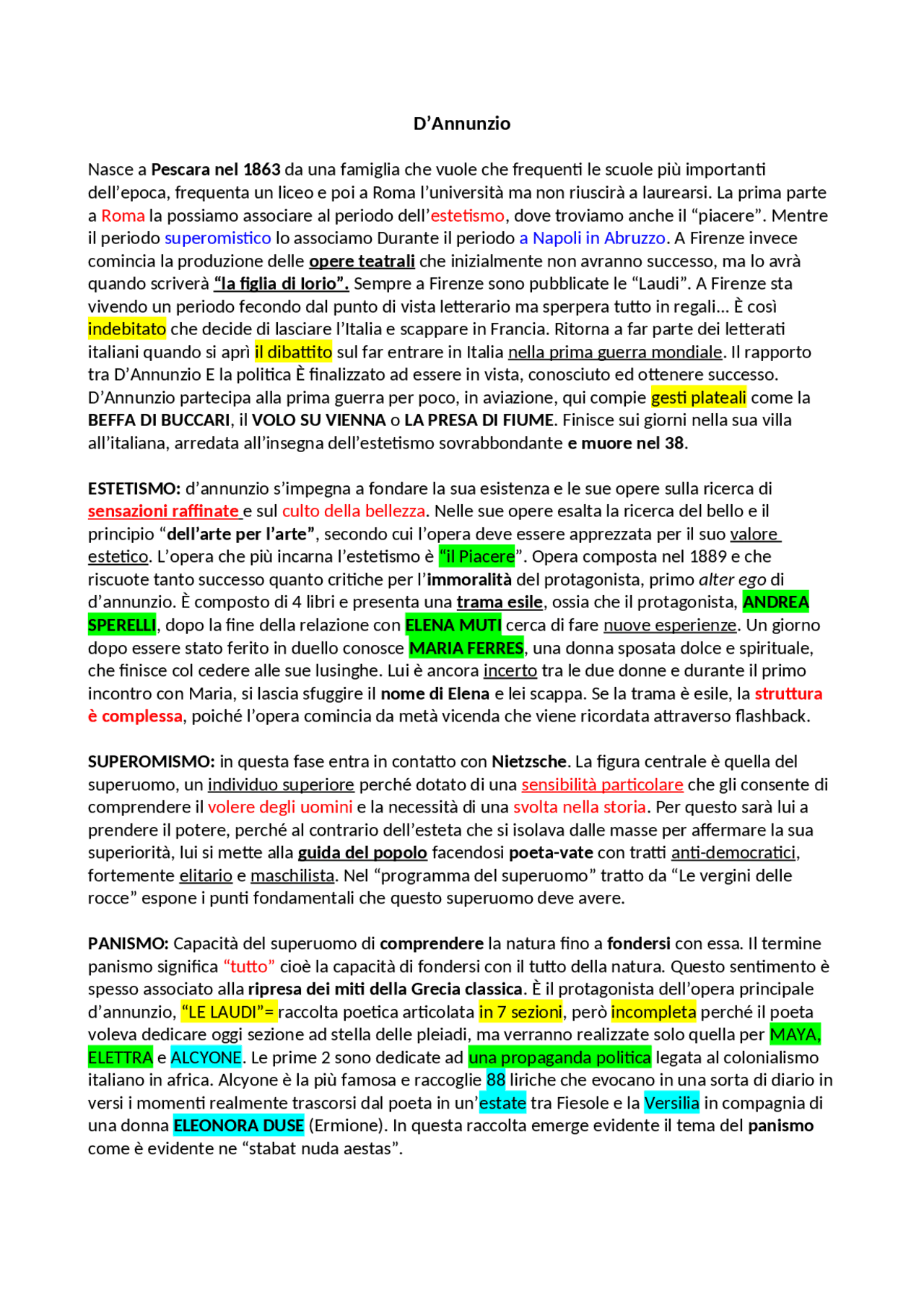 Riassunto Dettagliato Dannunzio Docsity